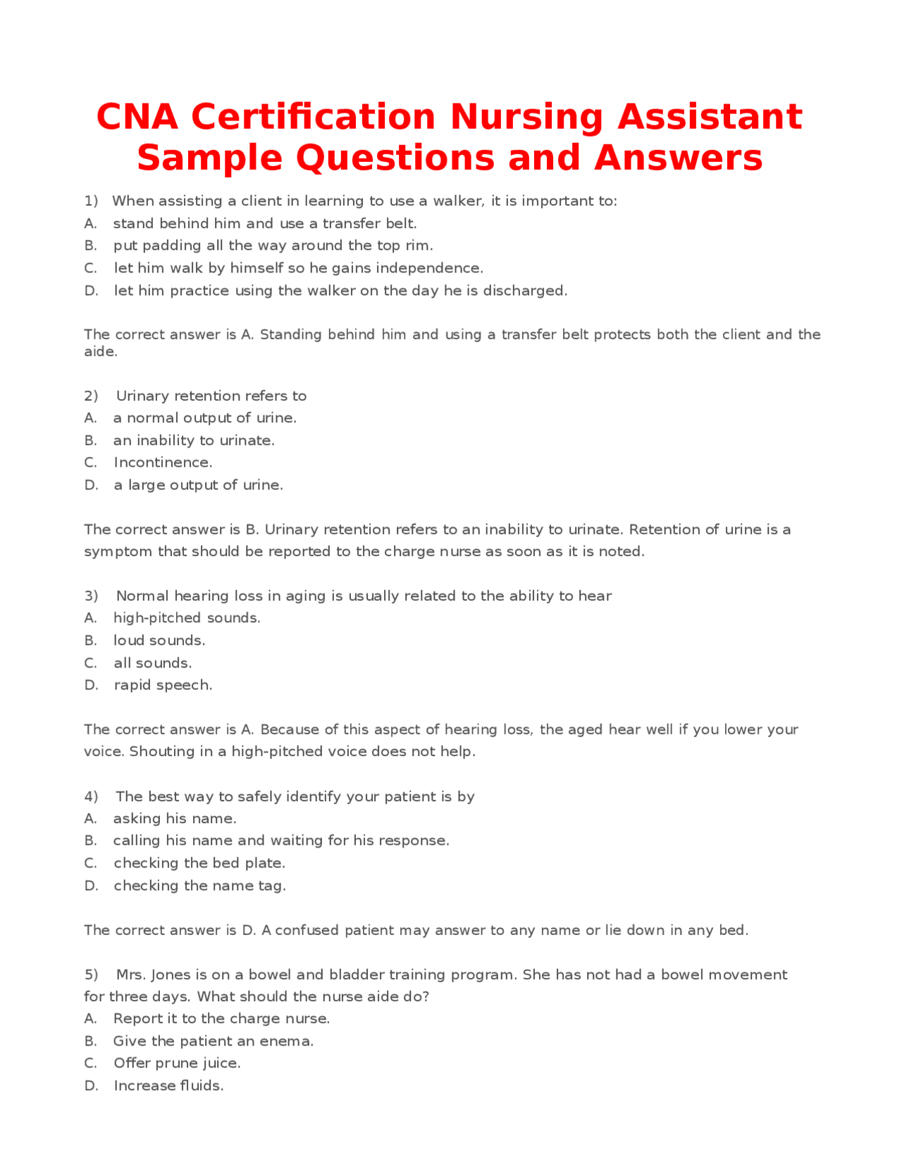 CNA Certification Nursing Assistant Sample Questions and Answers ...