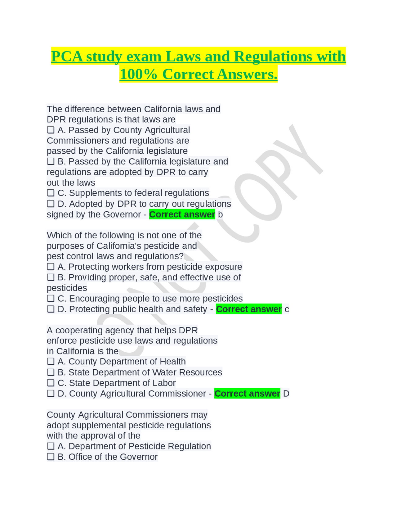 PCA study exam Laws and Regulations with 100% Correct Answers. | Exams ...