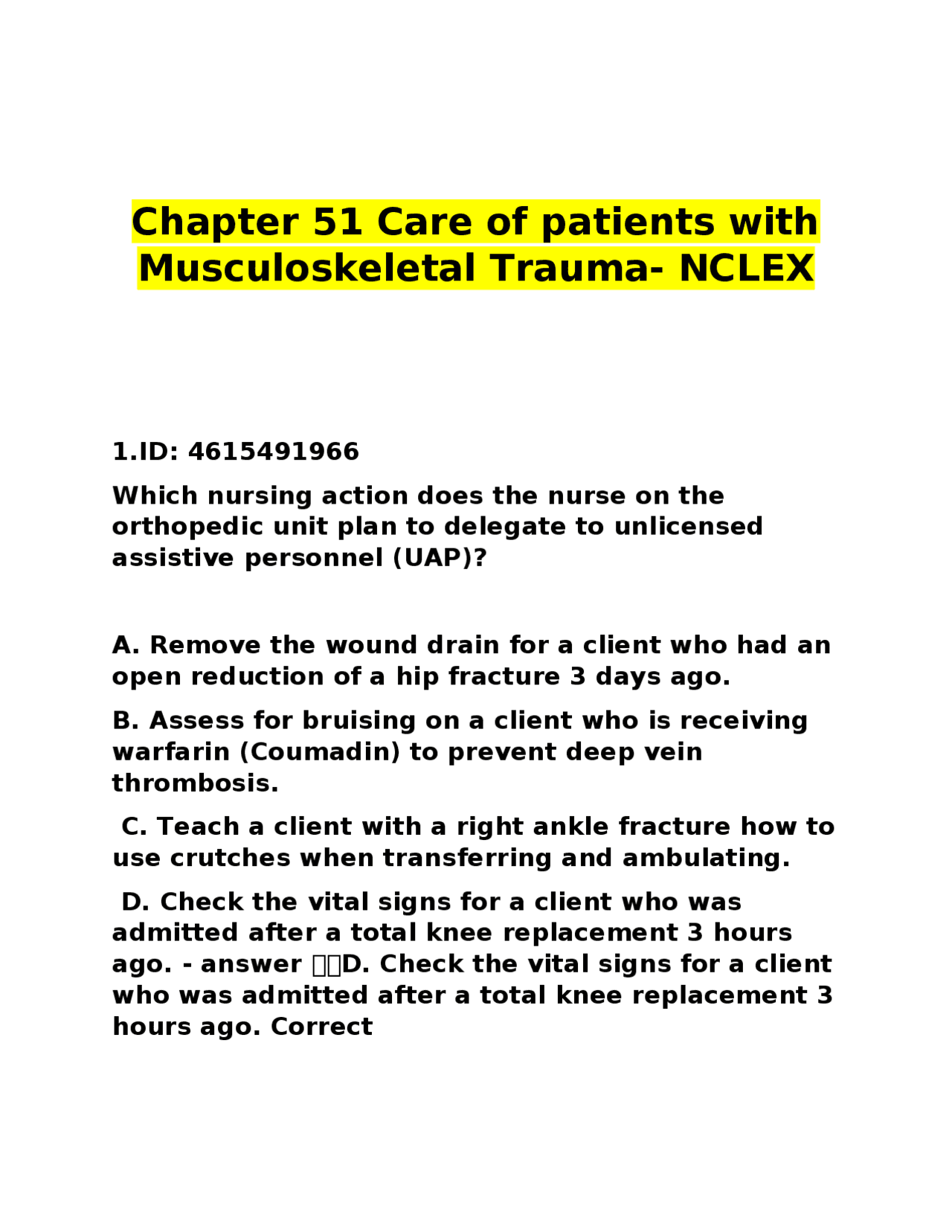 Chapter 51 Care of patients with Musculoskeletal Trauma- NCLEX | Exams ...