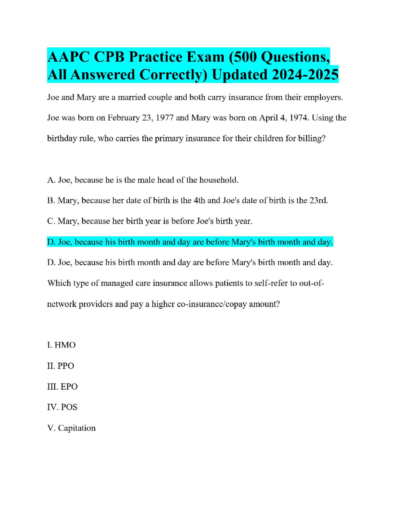 AAPC CPB Practice Exam (500 Questions, All Answered Correctly) Updated ...