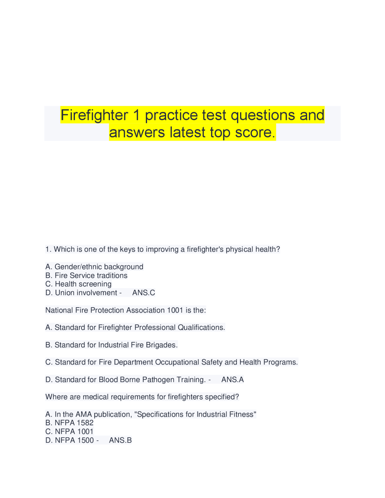 Firefighter 1 Practice Test Questions and Answers | Exams Banking Law ...