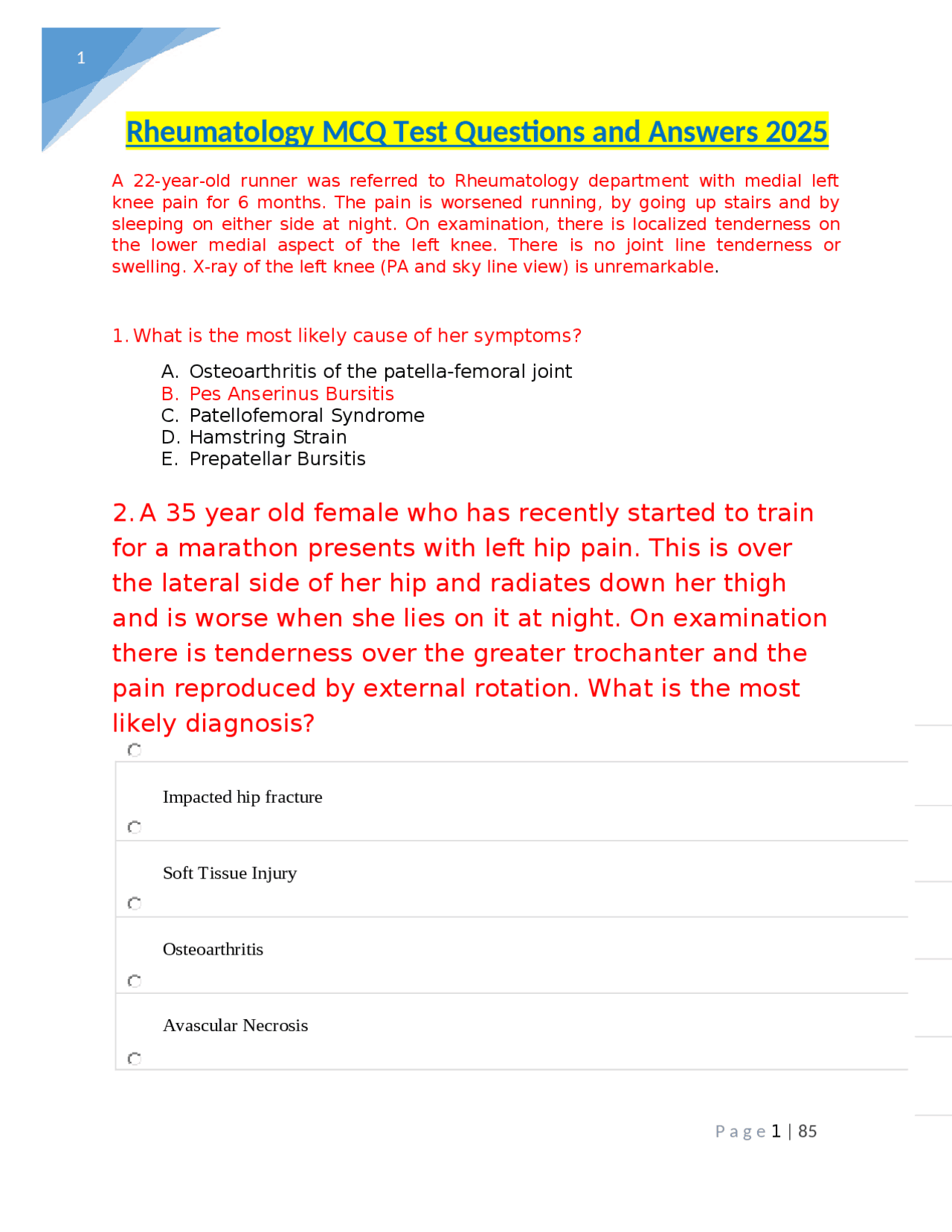 Rheumatology MCQ Test Questions and Answers 2025 | Exams Nursing | Docsity