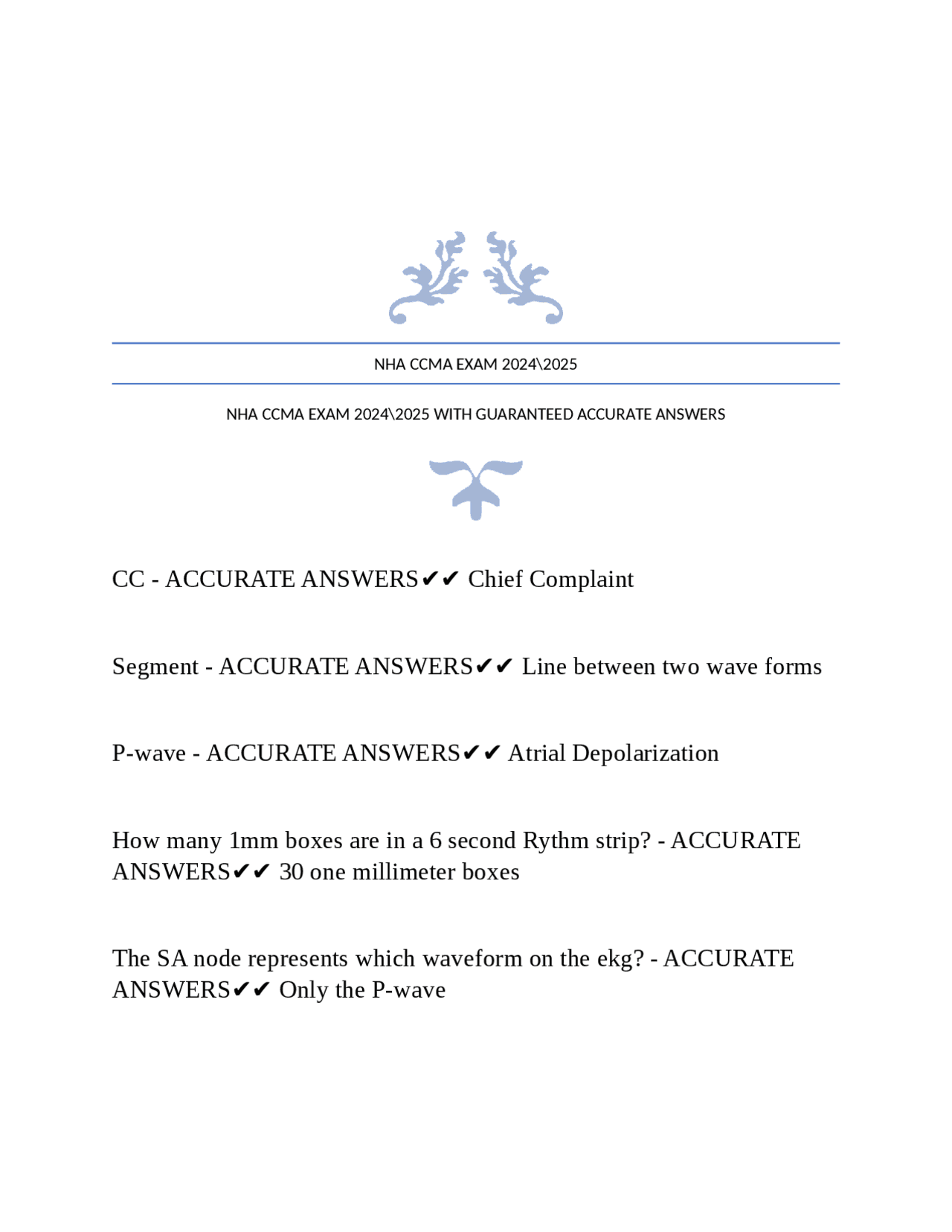 NHA CCMA Exam 2024/2025: Study Guide with Answers | Exams Nursing | Docsity