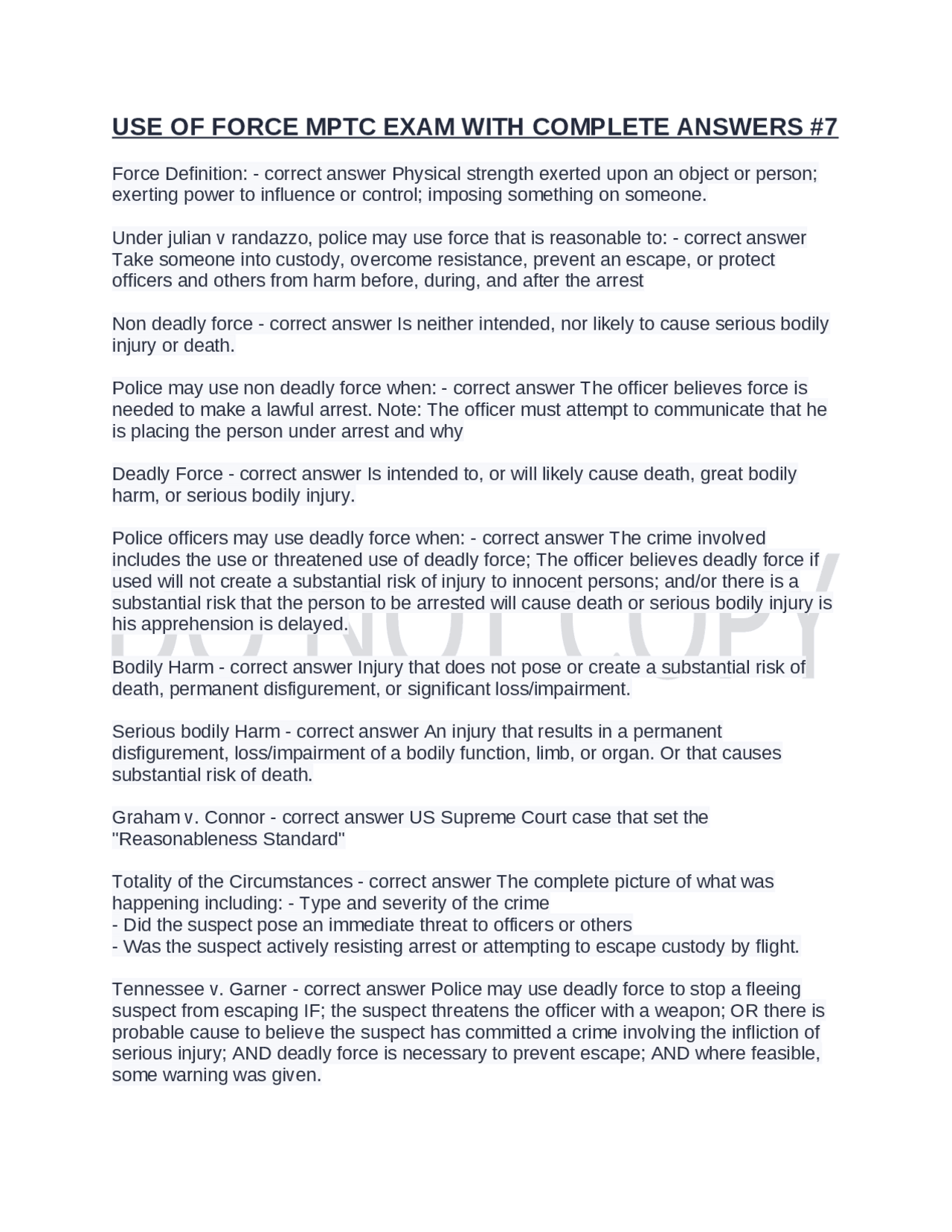 Use of Force MPTC Exam with Complete Answers #7 - Prof. Fishal | Exams ...