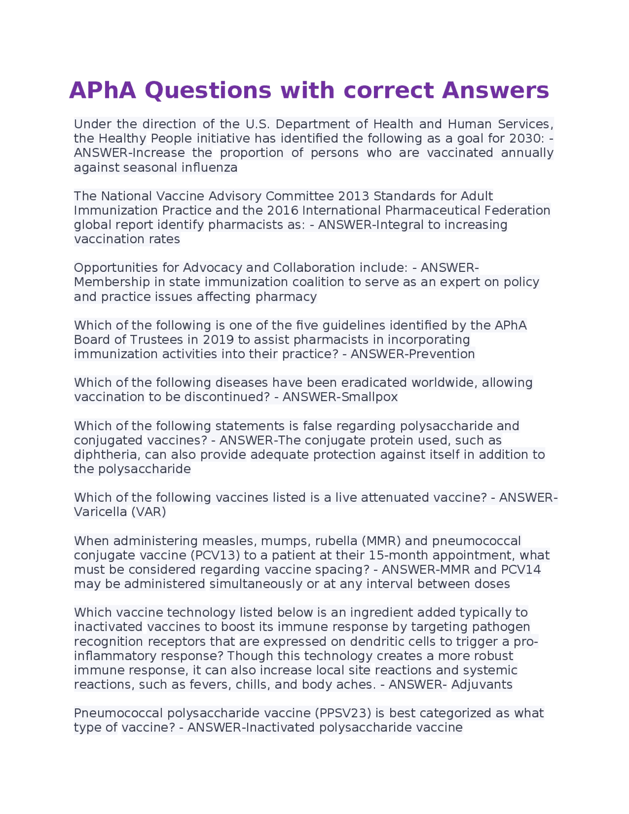 APhA 2024-2025 Questions with correct Answers | Exams Nursing | Docsity