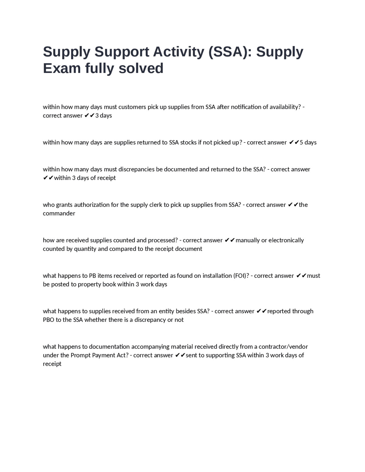 Supply Support Activity (SSA): Supply Exam fully solved | Exams Nursing ...