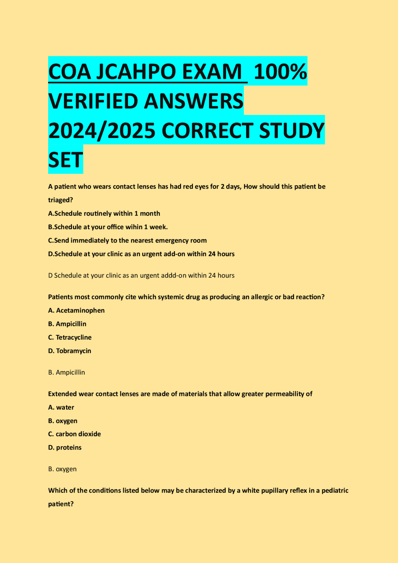 COA JCAHPO EXAM 100% VERIFIED ANSWERS 2024/2025 CORRECT STUDY SET ...