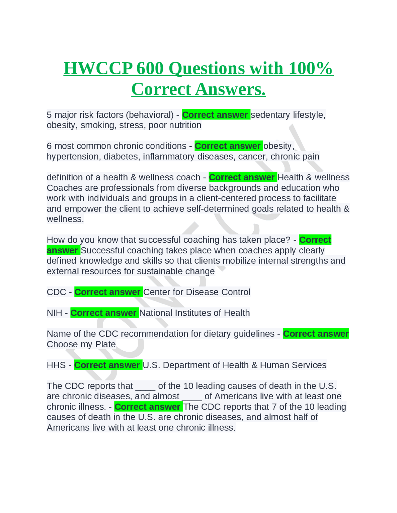 Health & Wellness Coaching Certification Program (HWCCP) Exam Questions ...