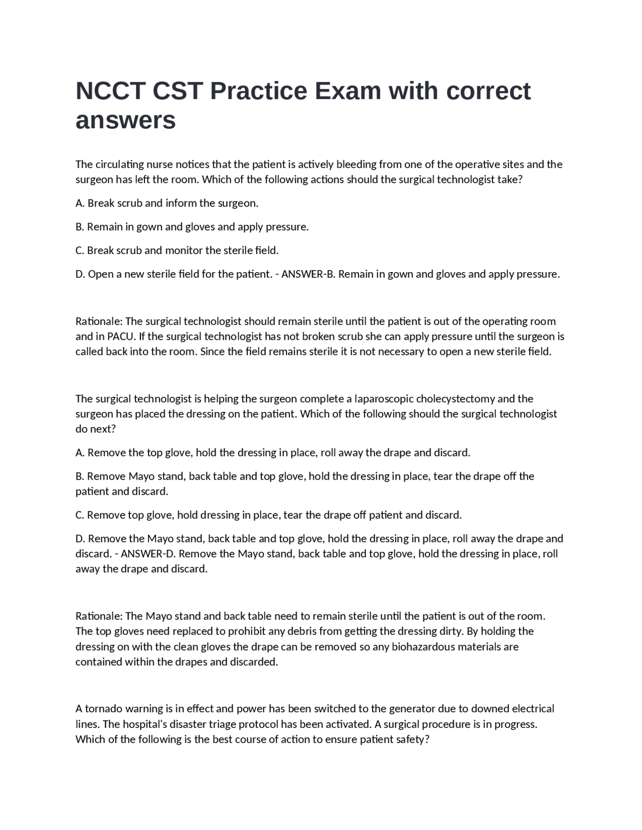 NCCT CST Practice Exam with correct answers. | Exams General Surgery ...