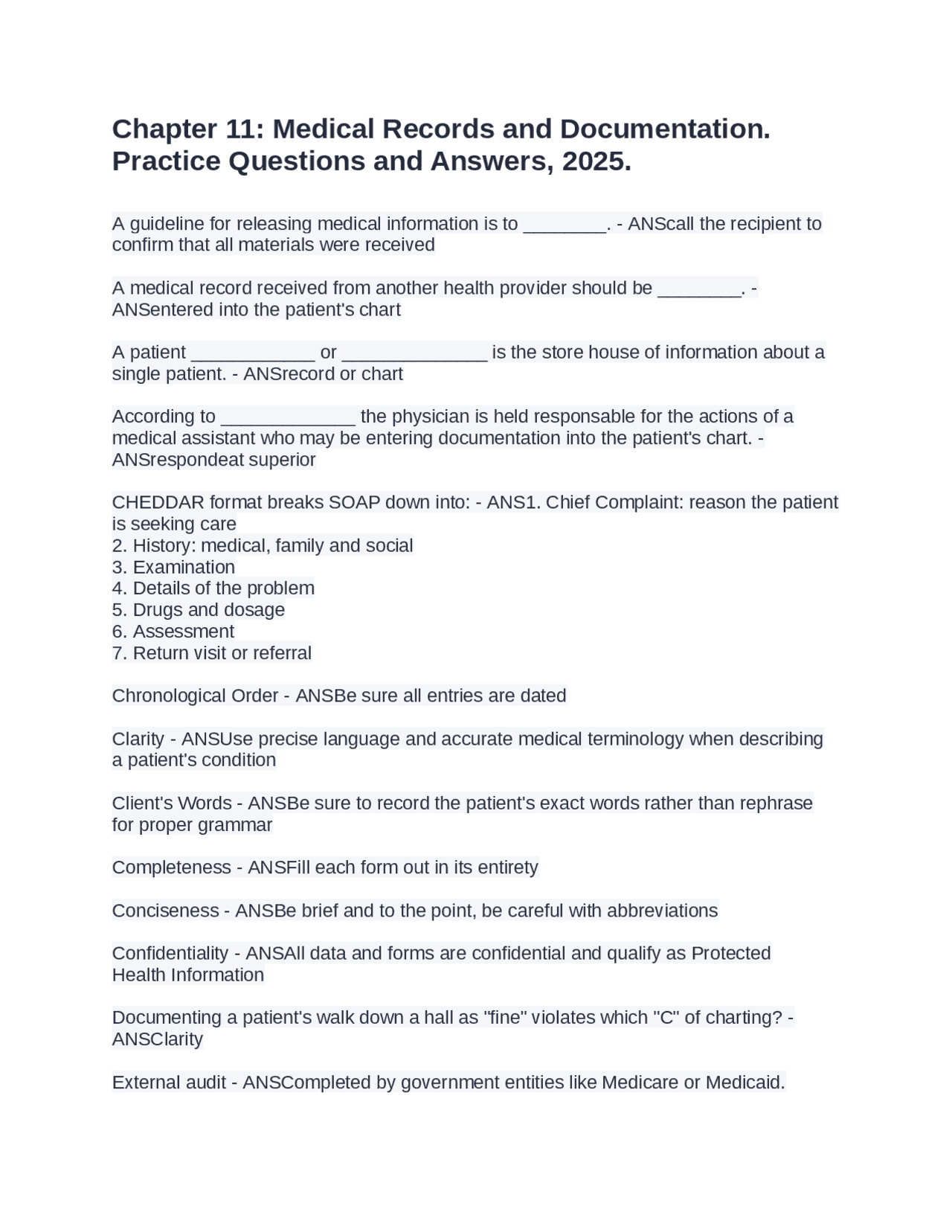 Chapter 11: Medical Records and Documentation. Practice Questions and ...