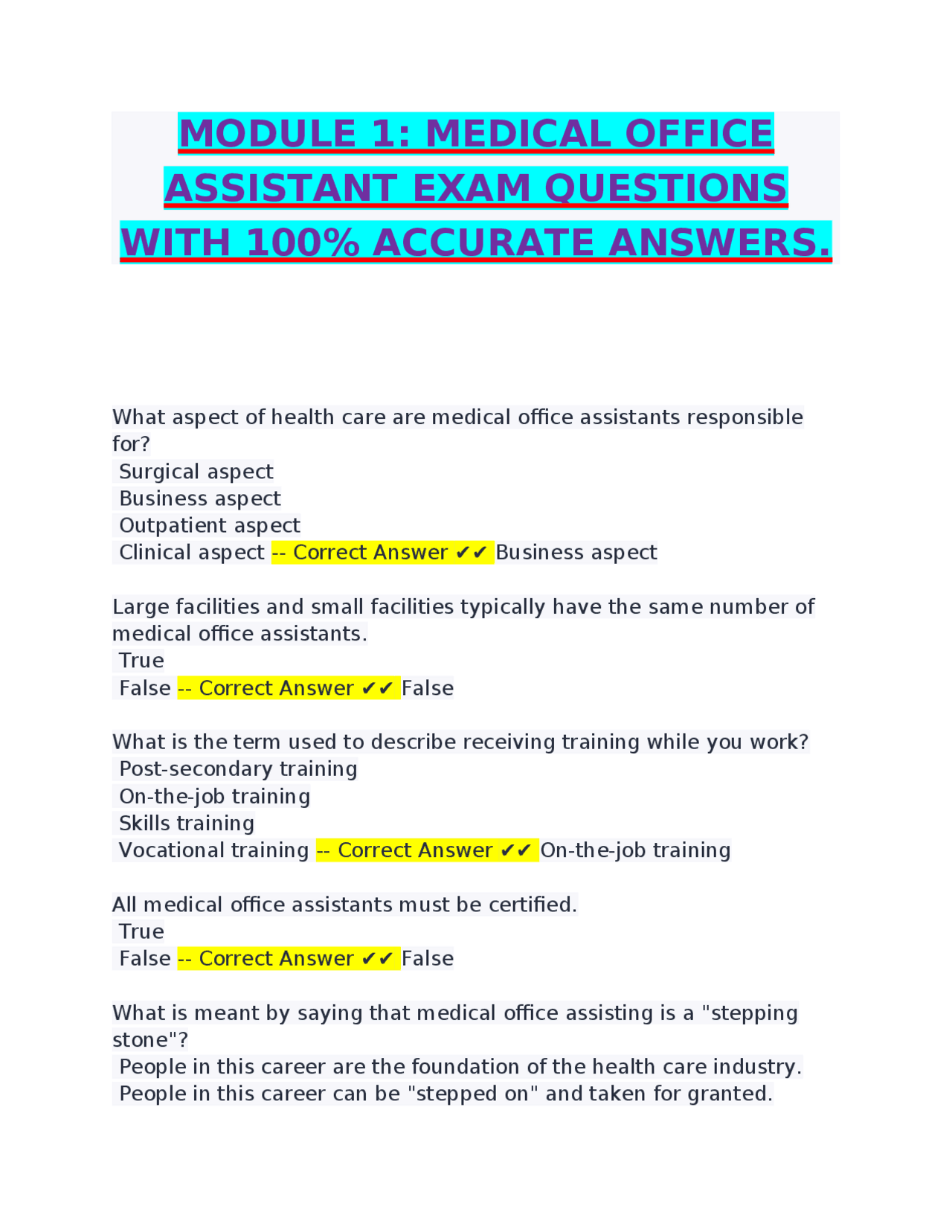 MODULE 1: MEDICAL OFFICE ASSISTANT EXAM QUESTIONS WITH 100% ACCURATE ...