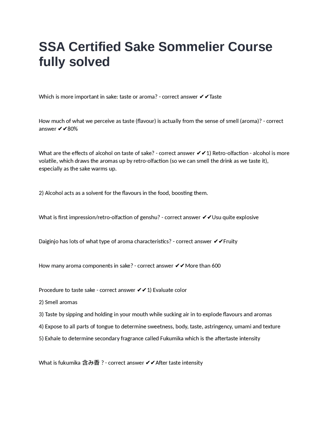 SSA Certified Sake Sommelier Course fully solved | Exams Nursing | Docsity