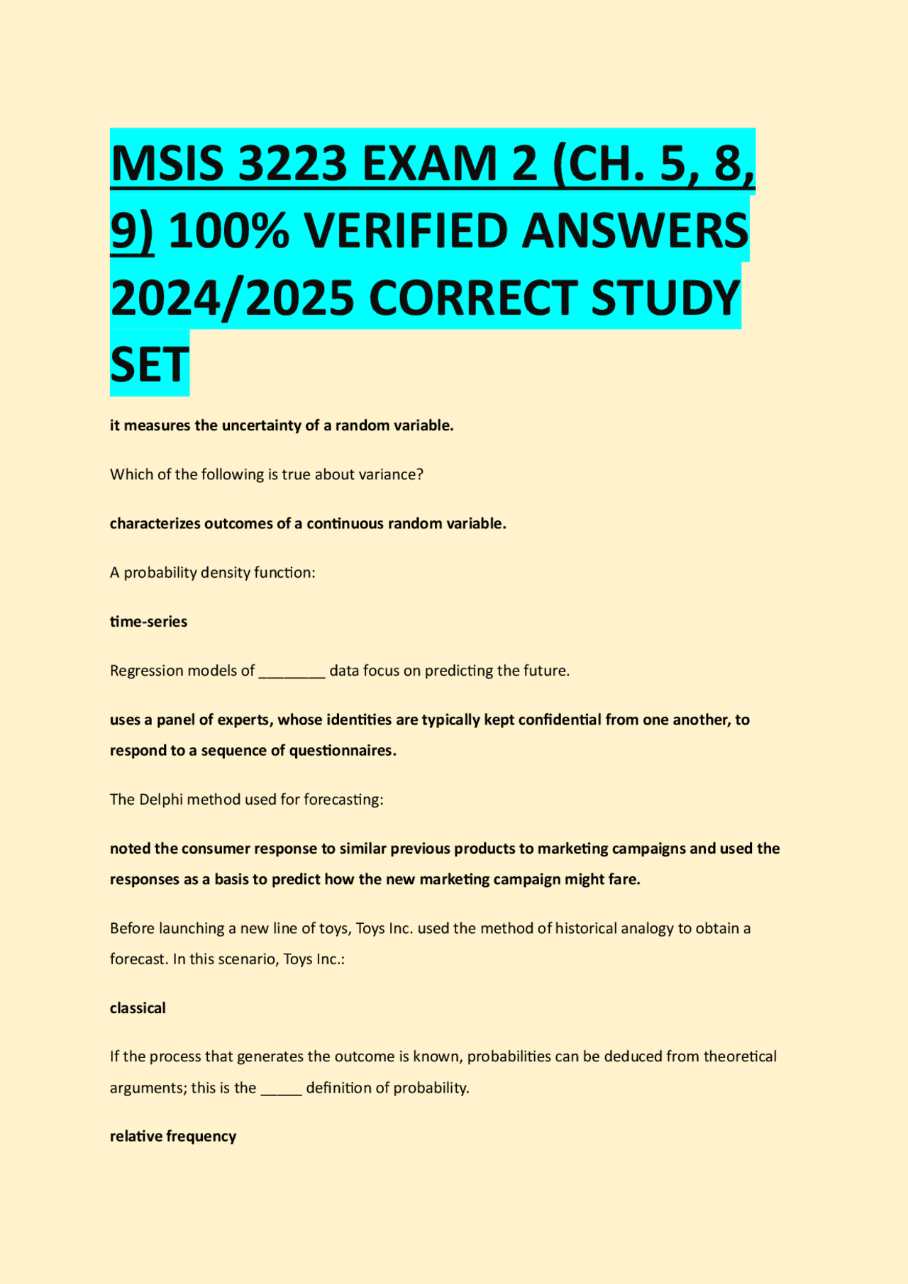 MSIS 3223 EXAM 2 (CH. 5, 8, 9) 100% VERIFIED ANSWERS 2024/2025 CORRECT STUDY SET | Exams ...