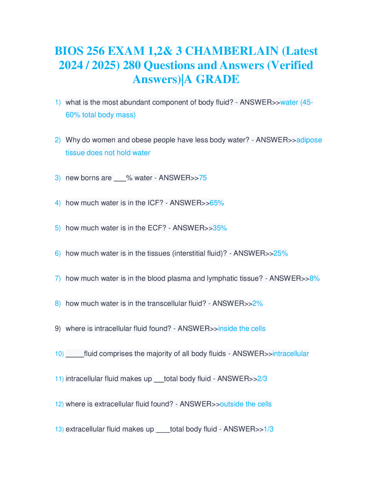 BIOS 256 Exams 1-3: Chamberlain College (2024/2025) - 280 Q&A | Exams ...