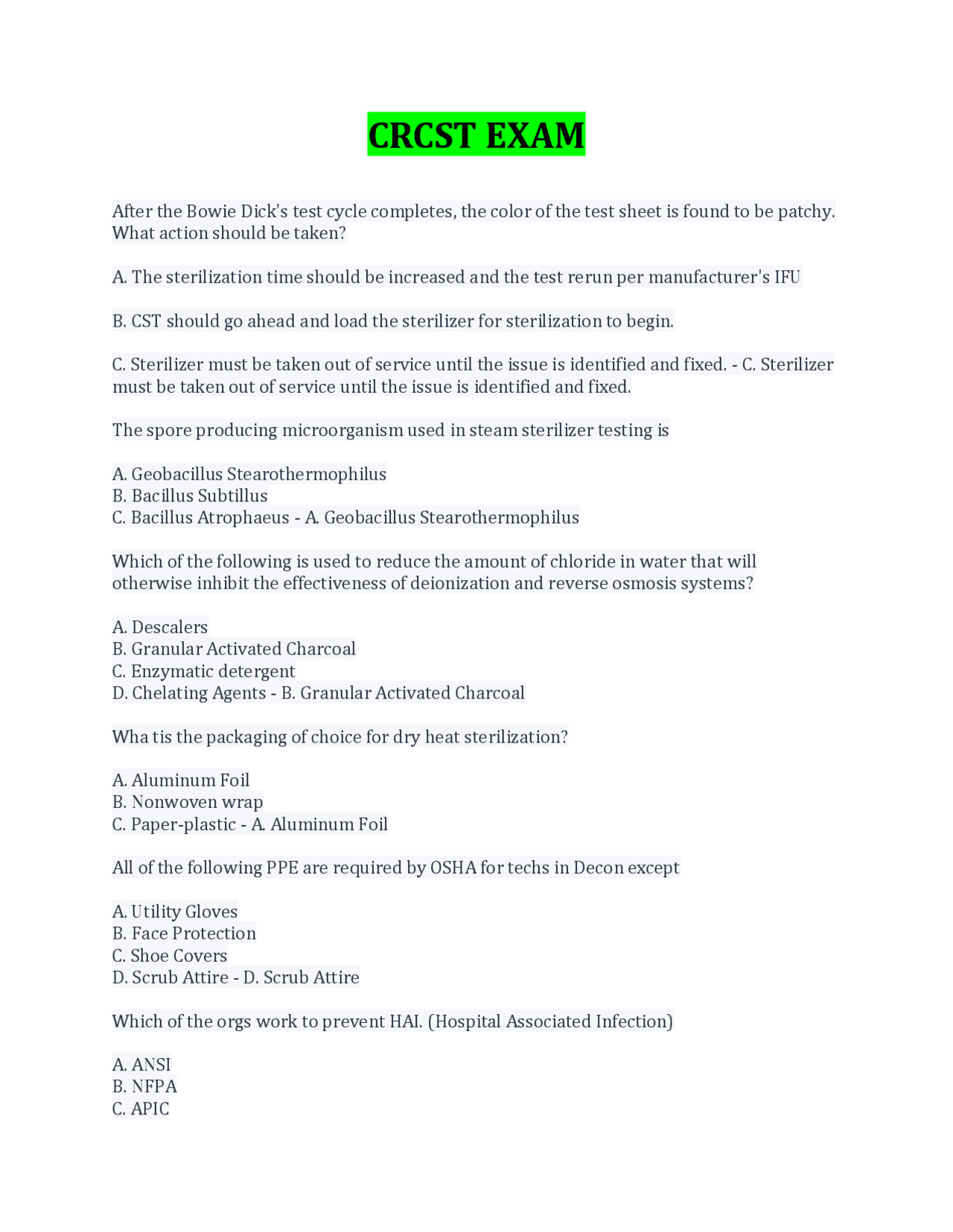 CRCST EXAM QUESTIONS AND ANSWERS | Exams Health sciences | Docsity