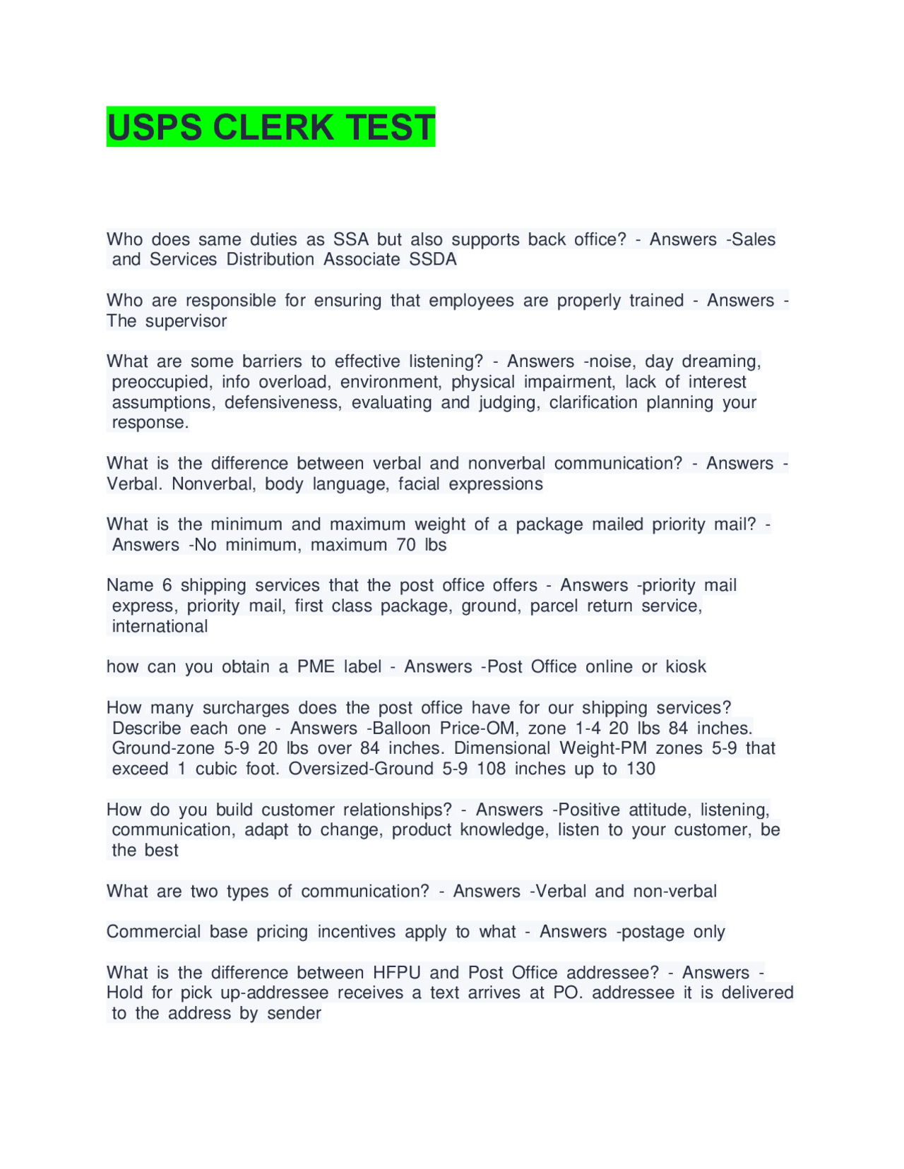 USPS Clerk Test: Questions and Answers | Exams Advanced Education | Docsity