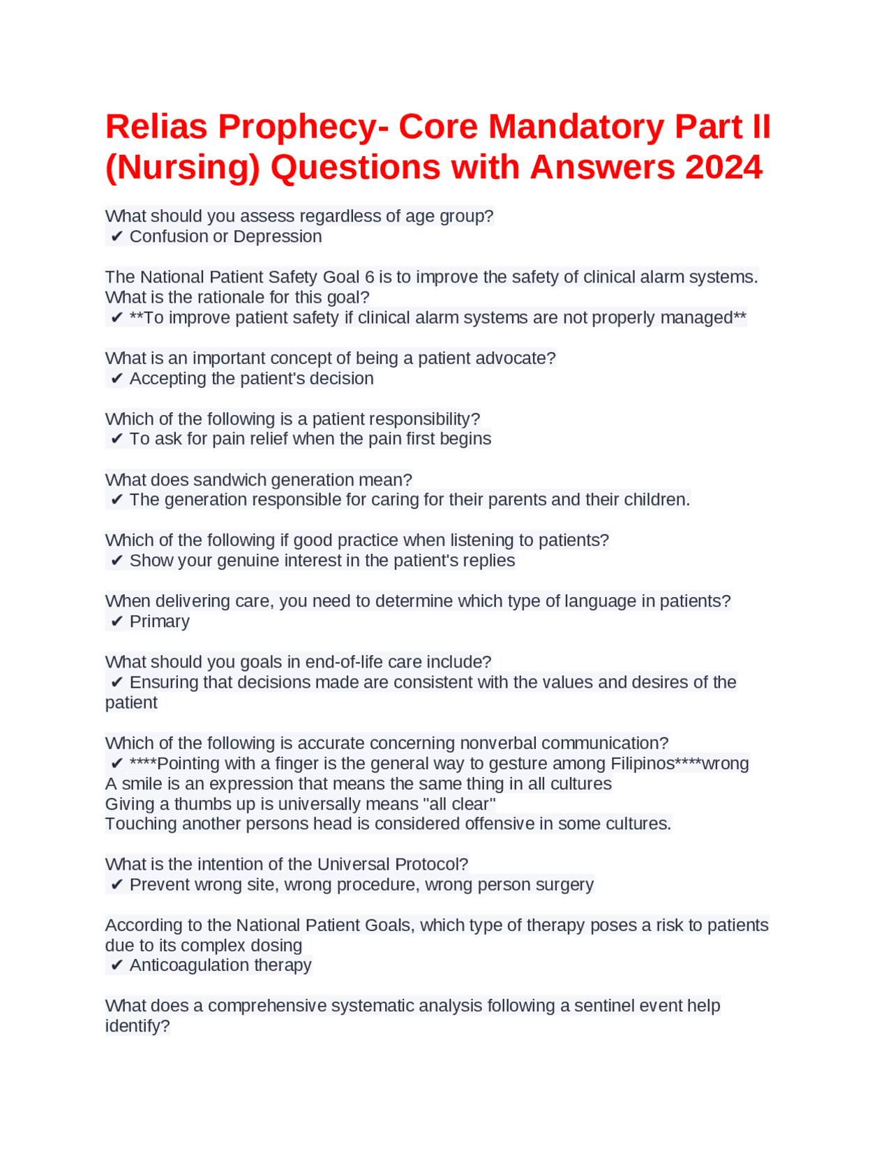 Relias Prophecy Core Mandatory Part II (Nursing) Questions and Answers ...