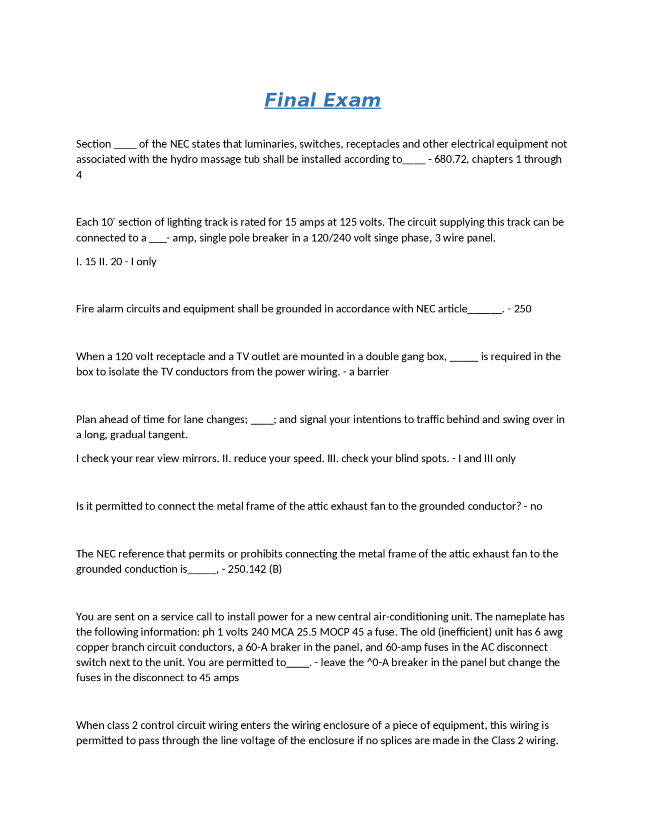 Electrical Code Exam Questions and Answers | Exams Advanced Education ...