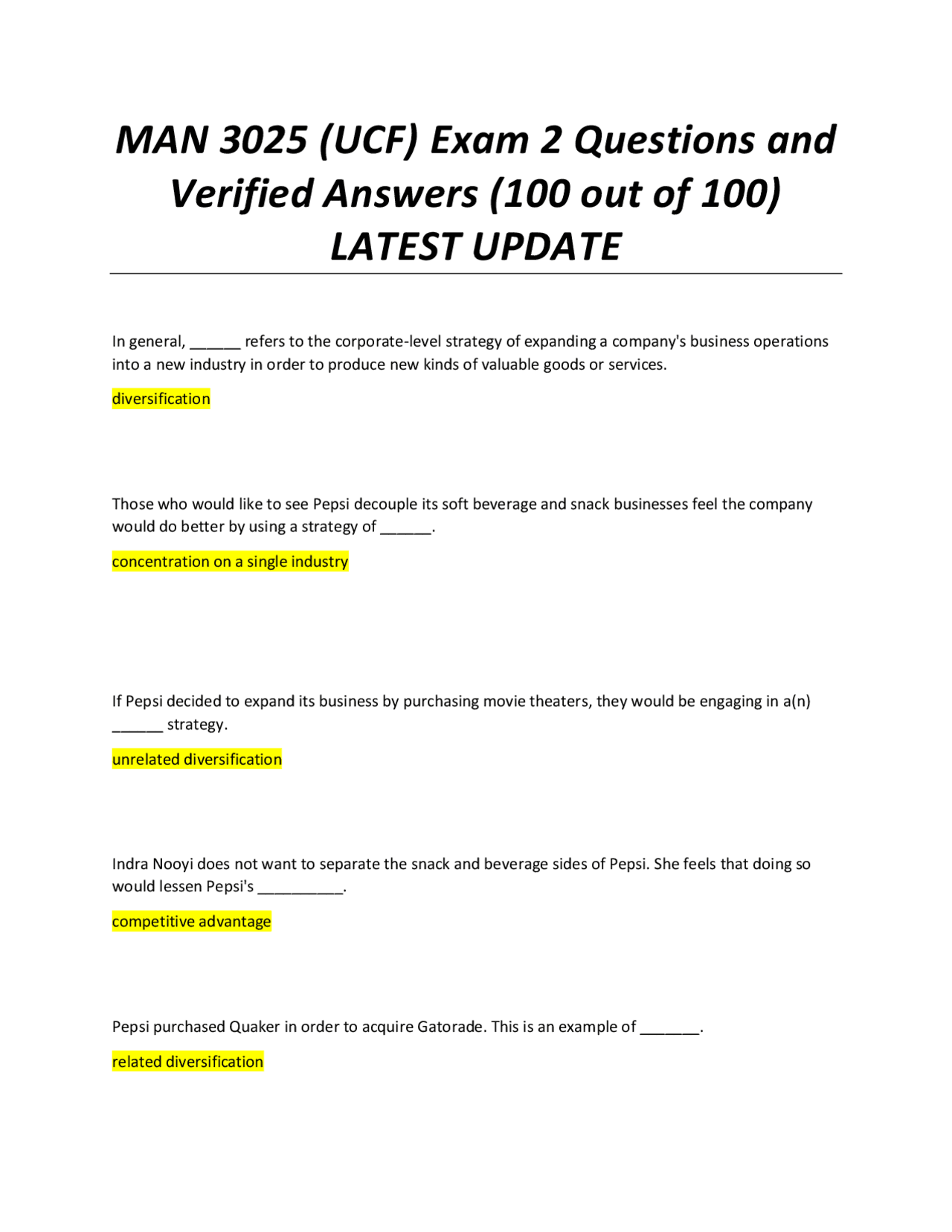 MAN 3025 (UCF) Exam 2 Questions and Verified Answers | Exams Business ...