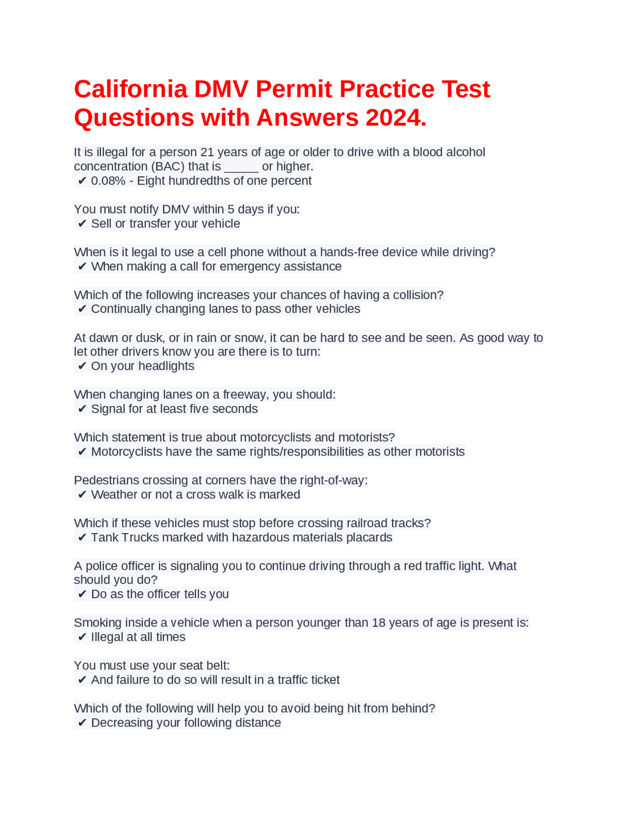 California DMV Permit Practice Test Questions and Answers 2024 | Exams ...