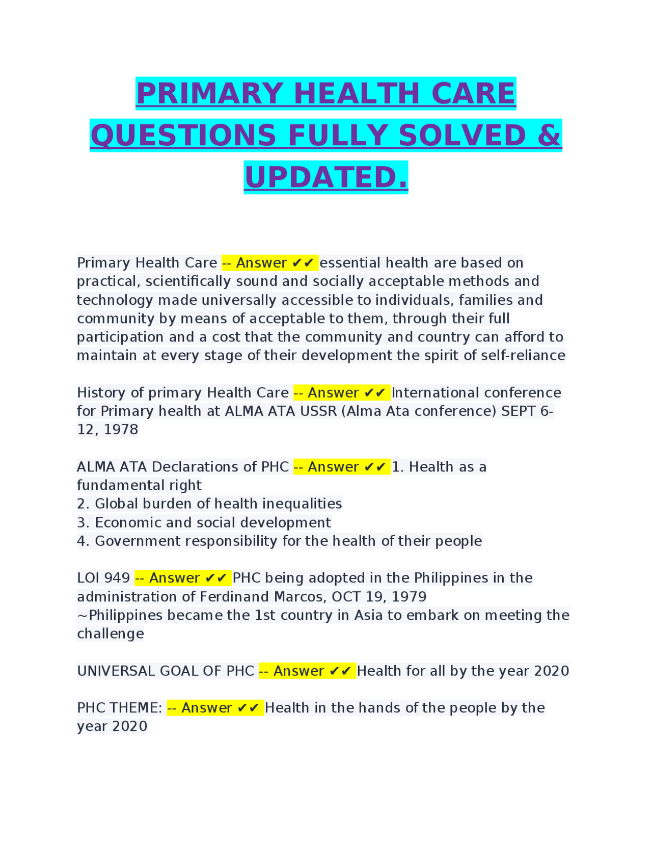 Primary Health Care: Questions and Answers | Exams Nursing | Docsity