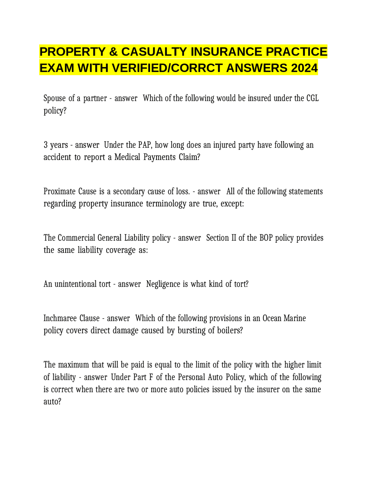 Property & Casualty Insurance Practice Exam with Verified Answers ...