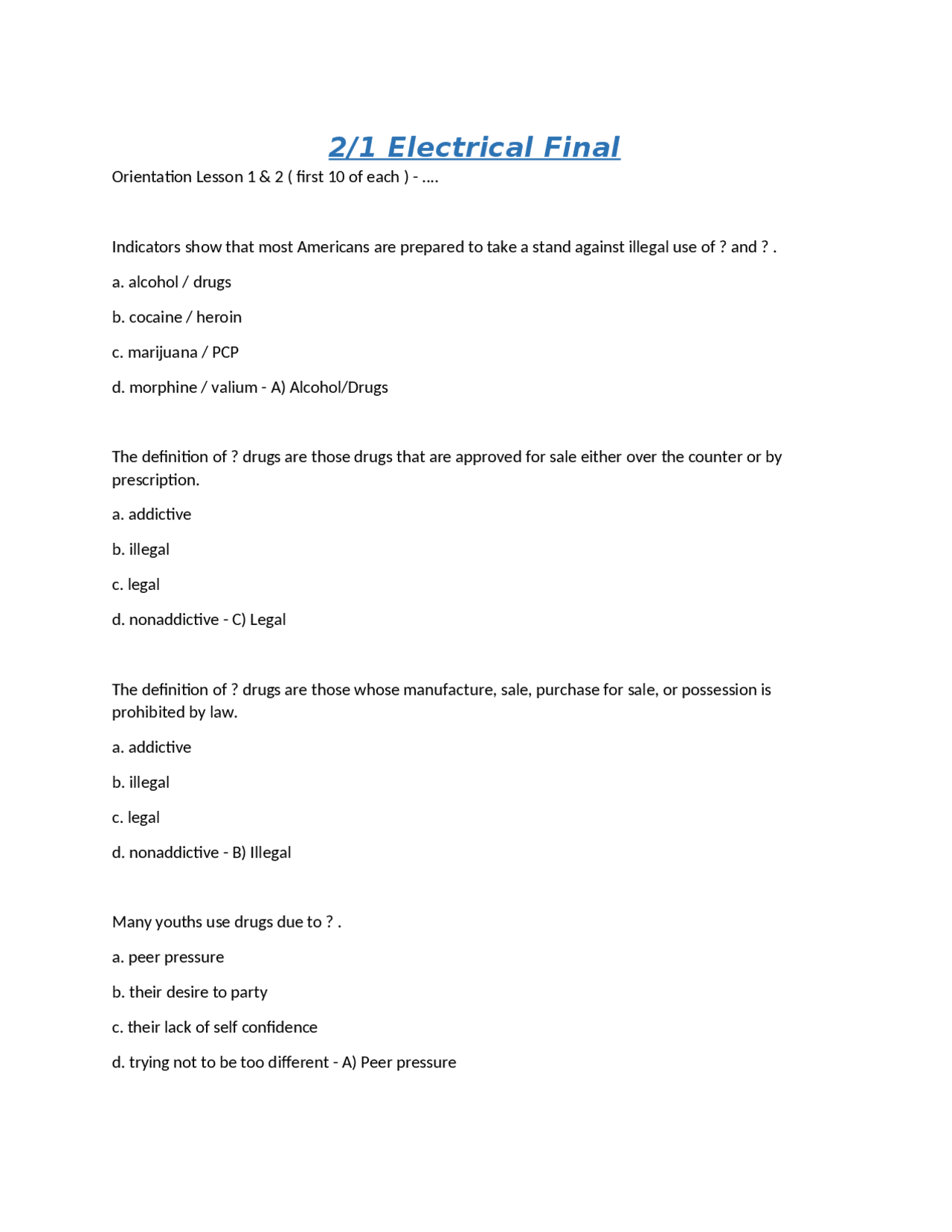 21 Electrical Final question and answer | Exams Advanced Education | Docsity