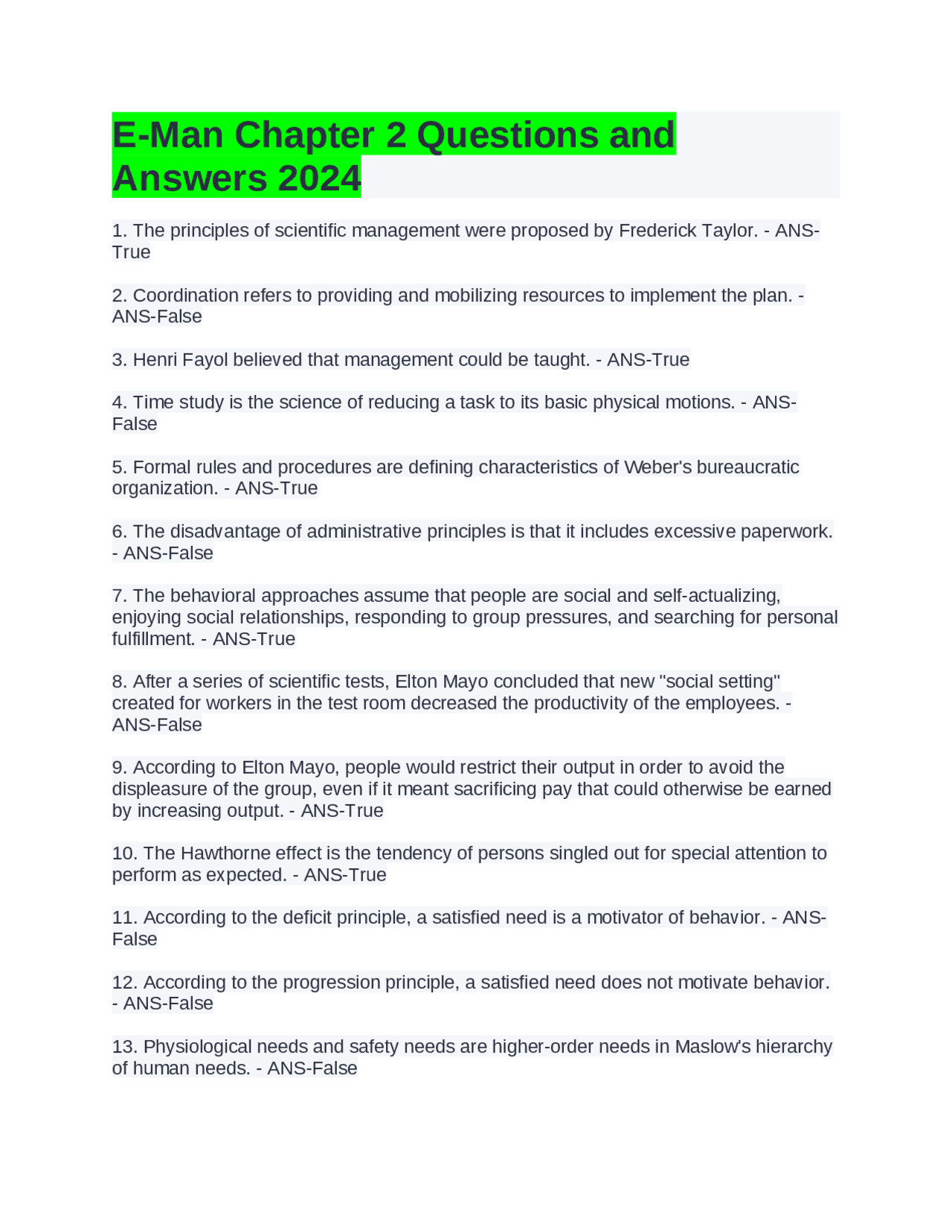 E-Man Chapter 2 Questions and Answers 2024 | Exams Advanced Education ...