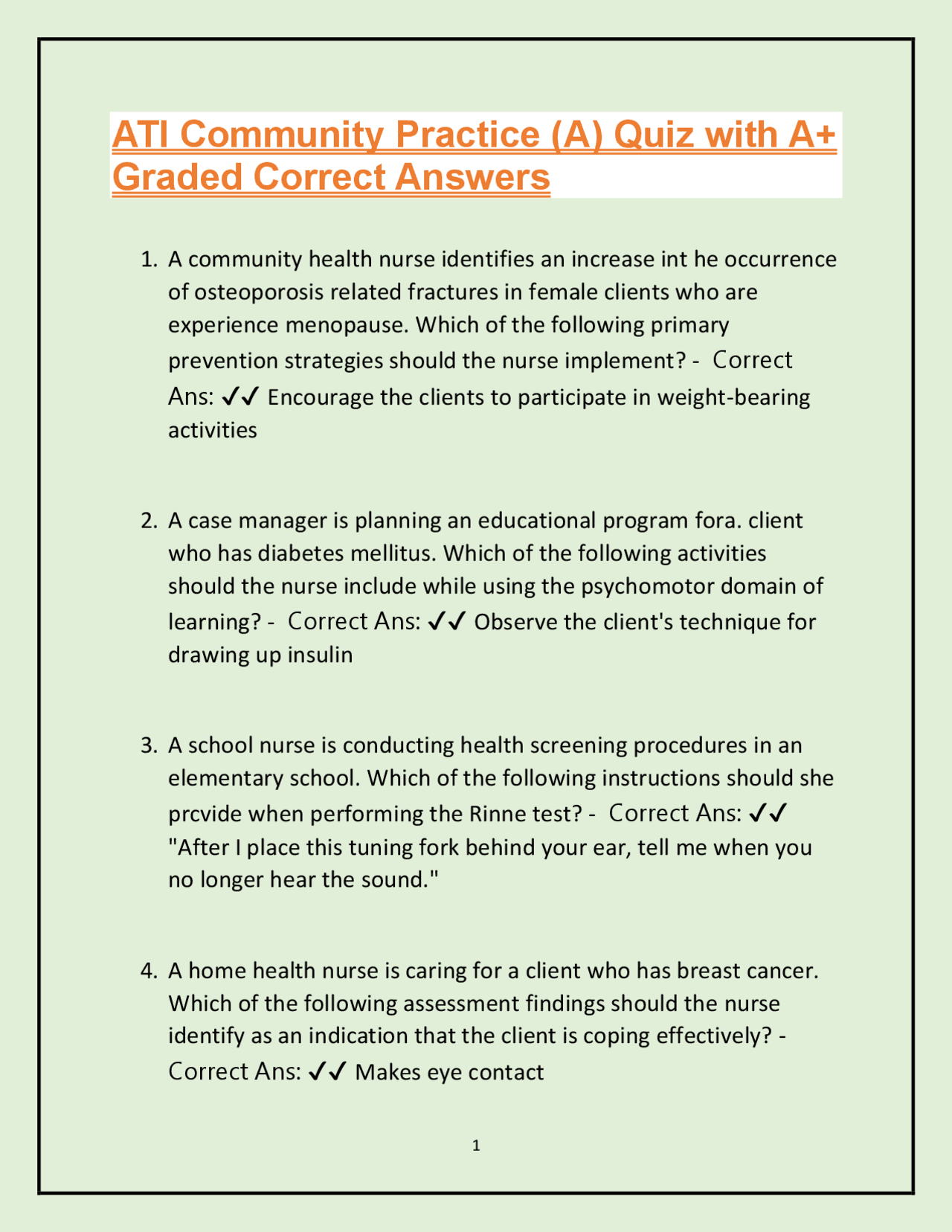 Community Health Nursing Practice Quiz | Exams Community Health | Docsity