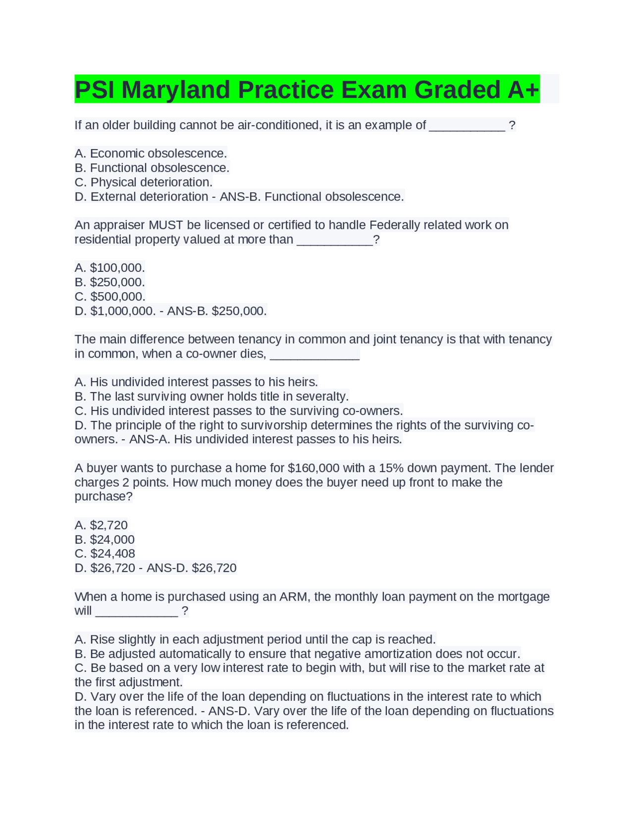 PSI Maryland Real Estate Practice Exam: Multiple Choice Questions and ...