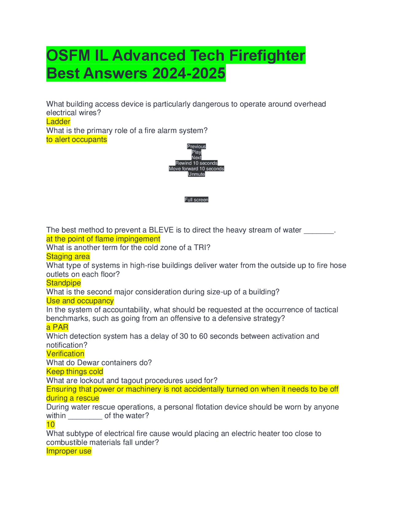 OSFM IL Advanced Tech Firefighter Best Answers 2024-2025 | Exams Safety ...