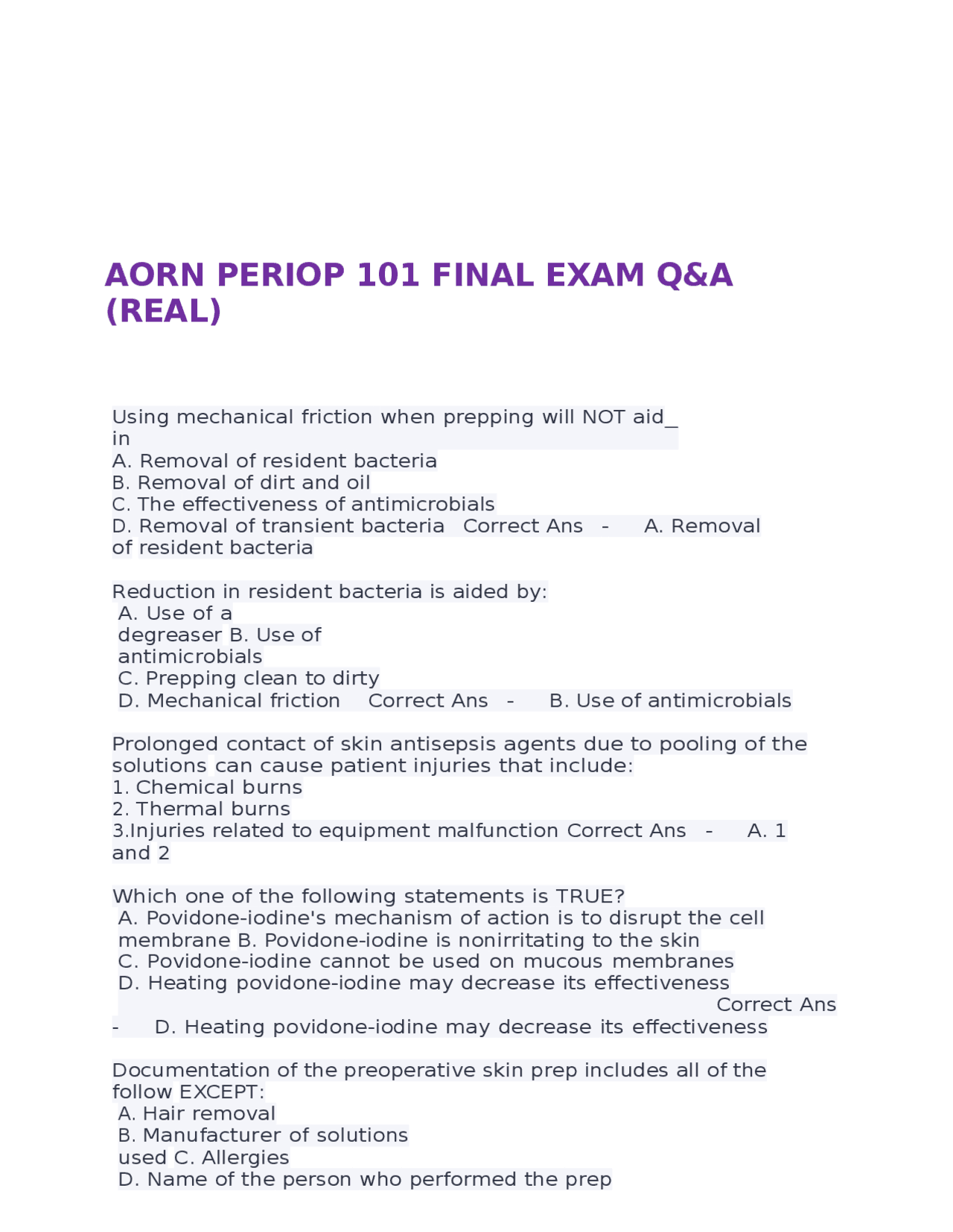 AORN PERIOP 101 FINAL EXAM Q&A (REAL) | Exams Applied Mechanics | Docsity