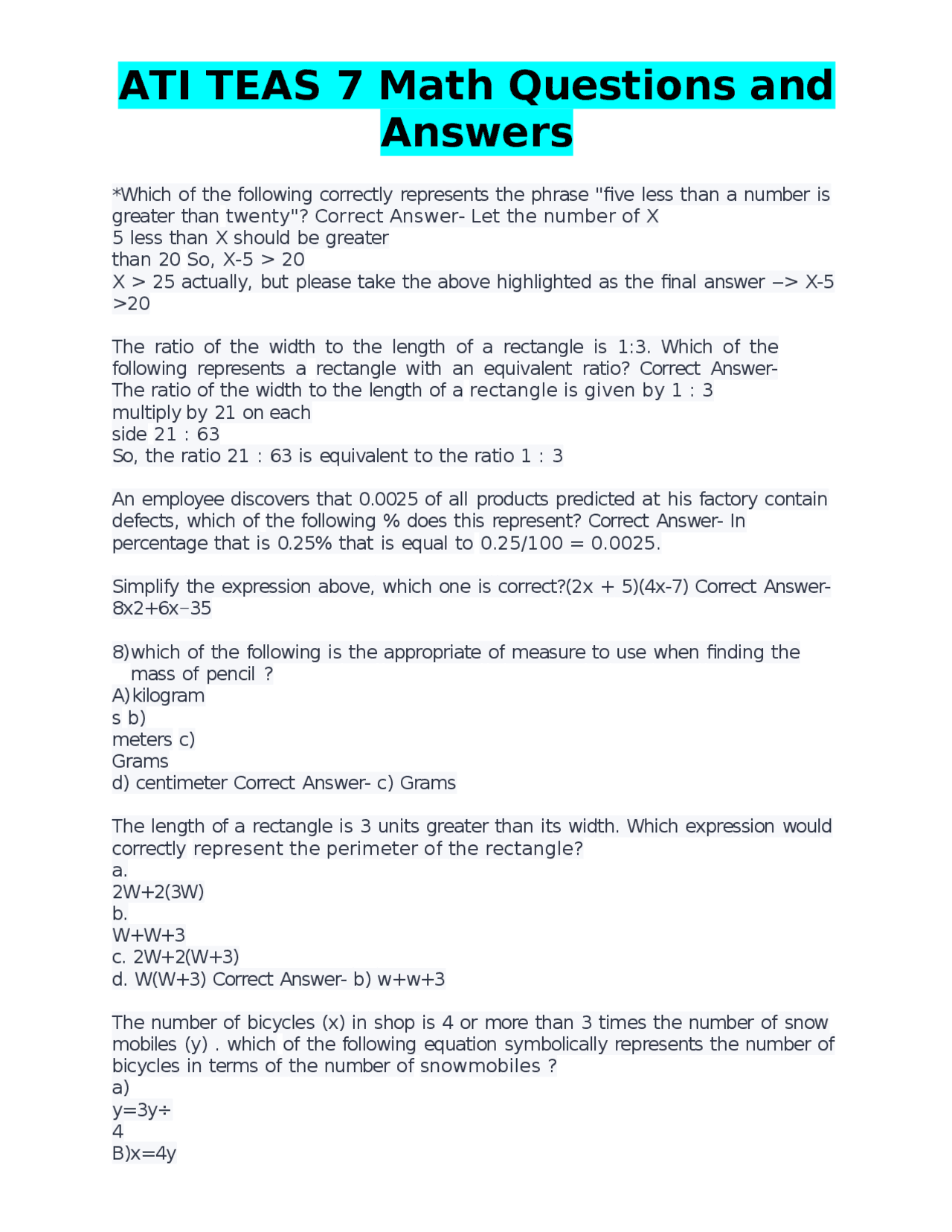 ATI TEAS 7 Math Questions and Answers | Exams Mathematics | Docsity