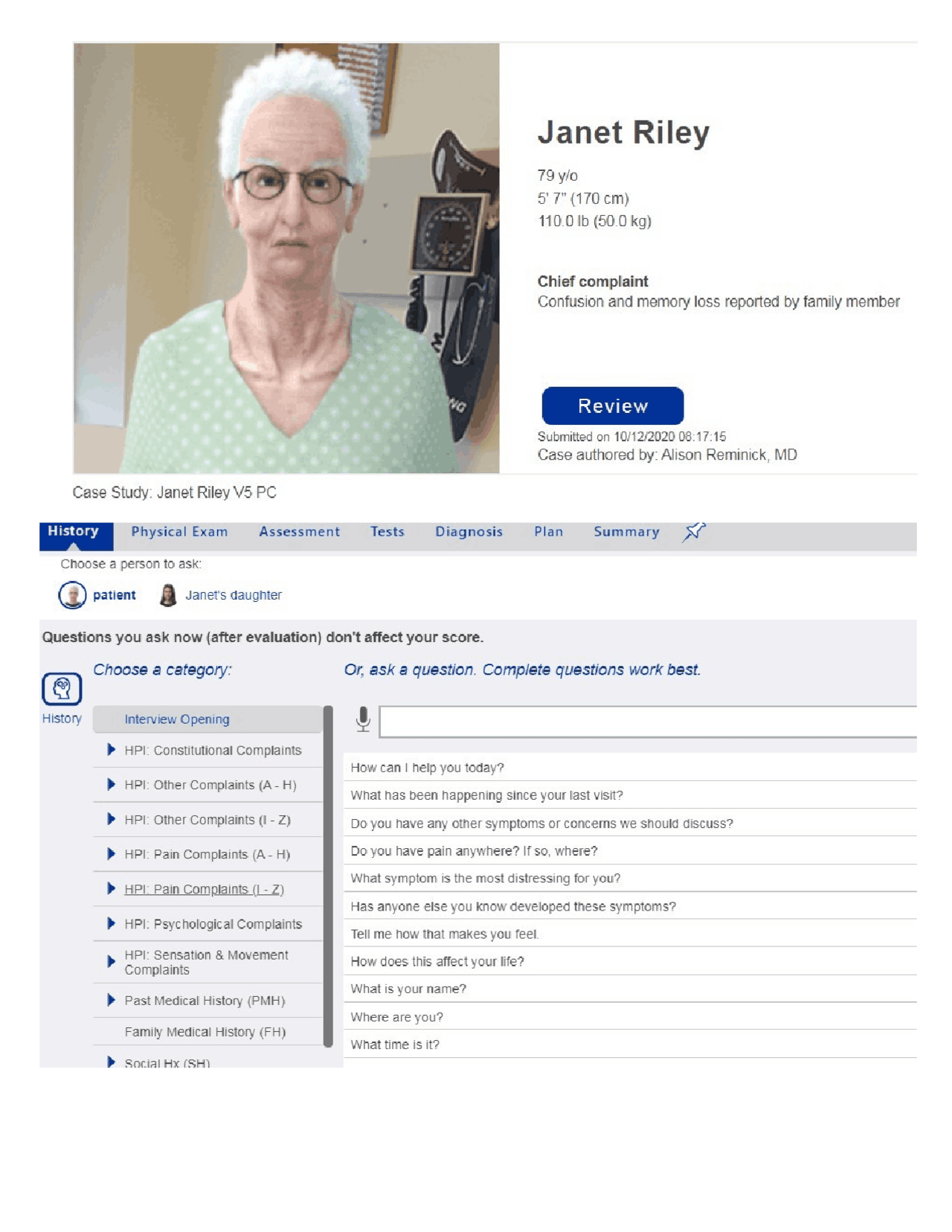 Janet Riley ihuman Case Chief Complaint Confusion and Memory Loss CASE ...