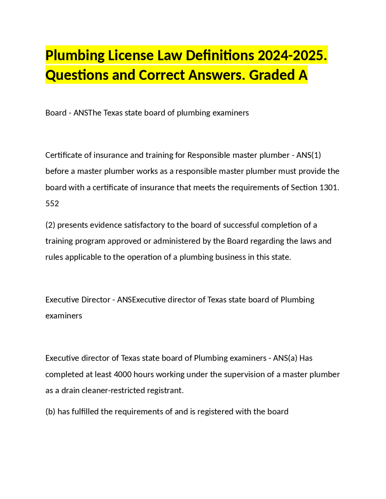 Texas Plumbing License Law Definitions: Questions and Answers | Exams ...