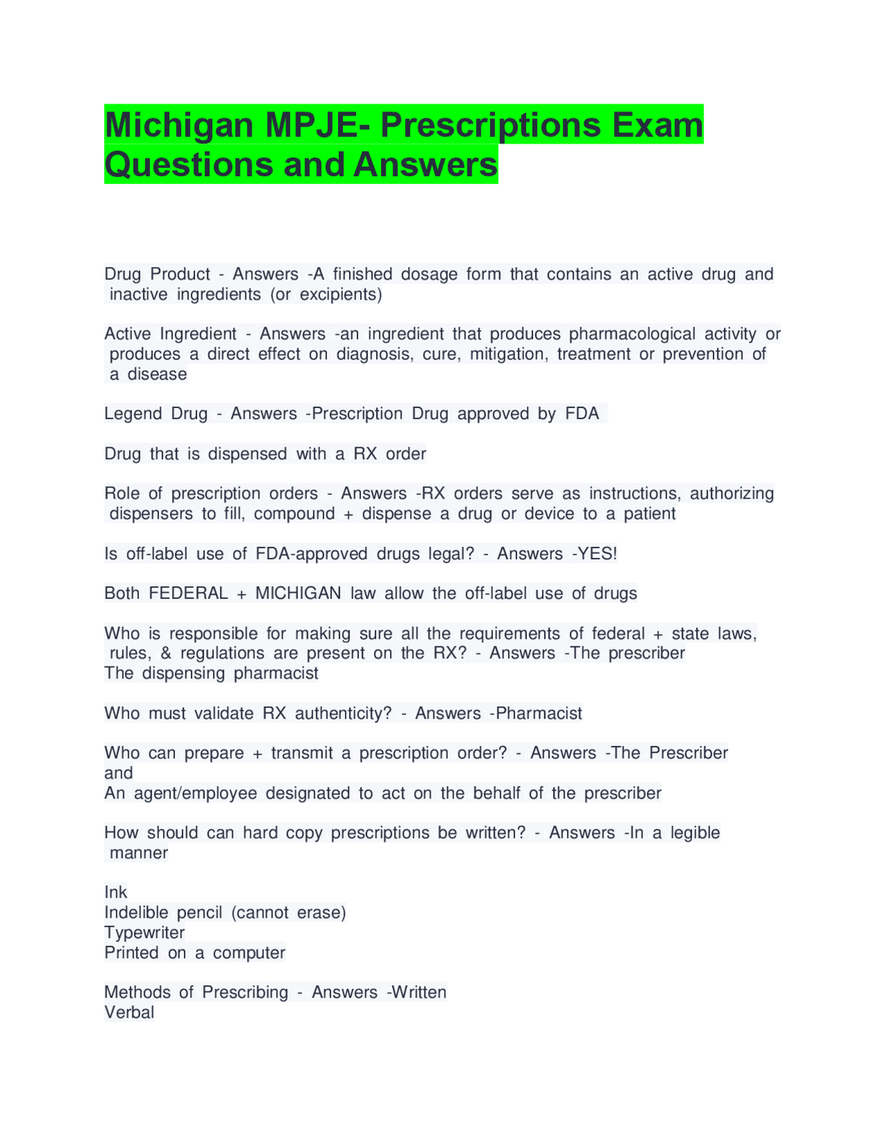 Michigan MPJE- Prescriptions Exam Questions and Answers | Exams Nursing ...