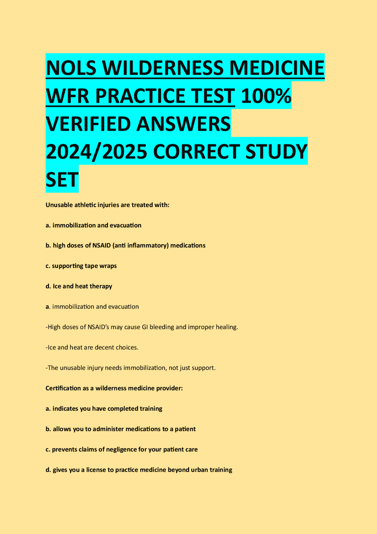 NOLS WILDERNESS MEDICINE WFR PRACTICE TEST 100% VERIFIED ANSWERS 2024/ ...