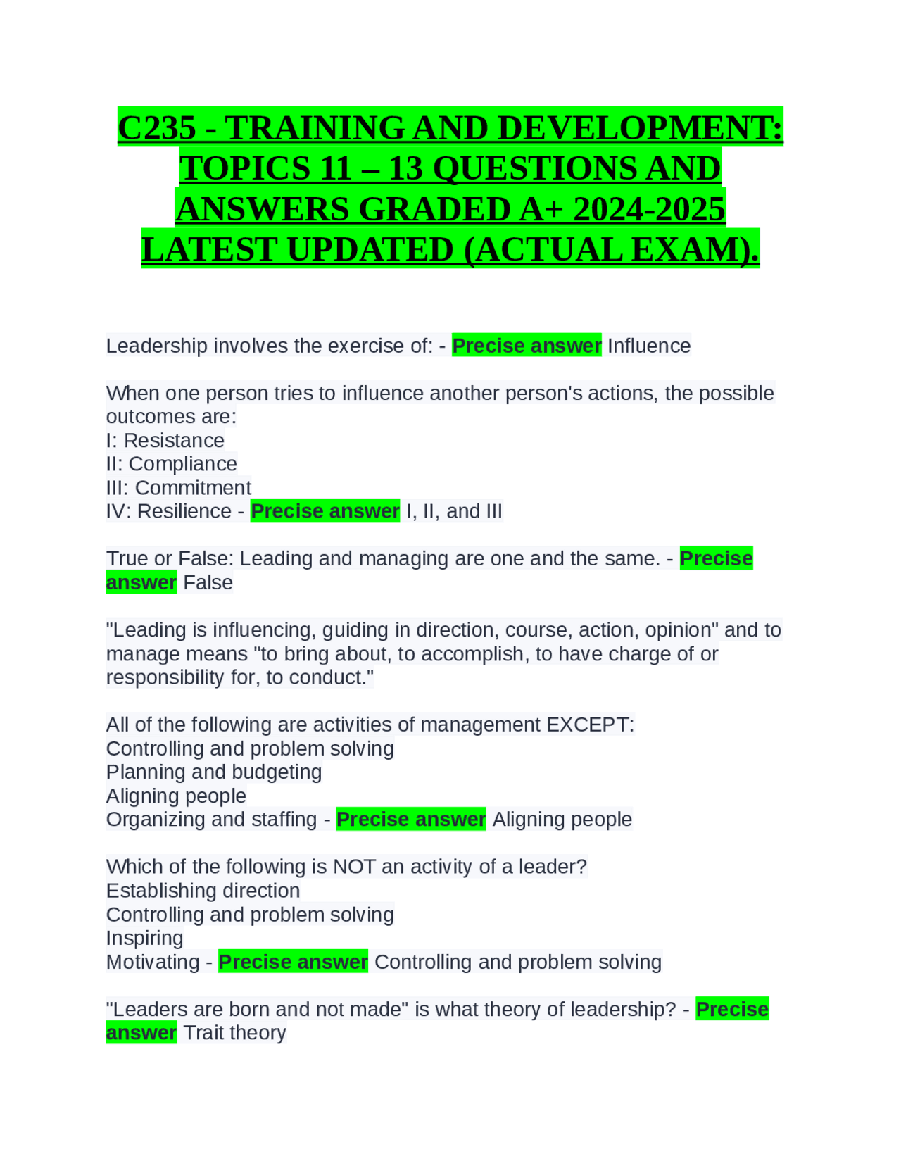 C235 - TRAINING AND DEVELOPMENT: TOPICS 11 – 13 QUESTIONS AND ANSWERS ...