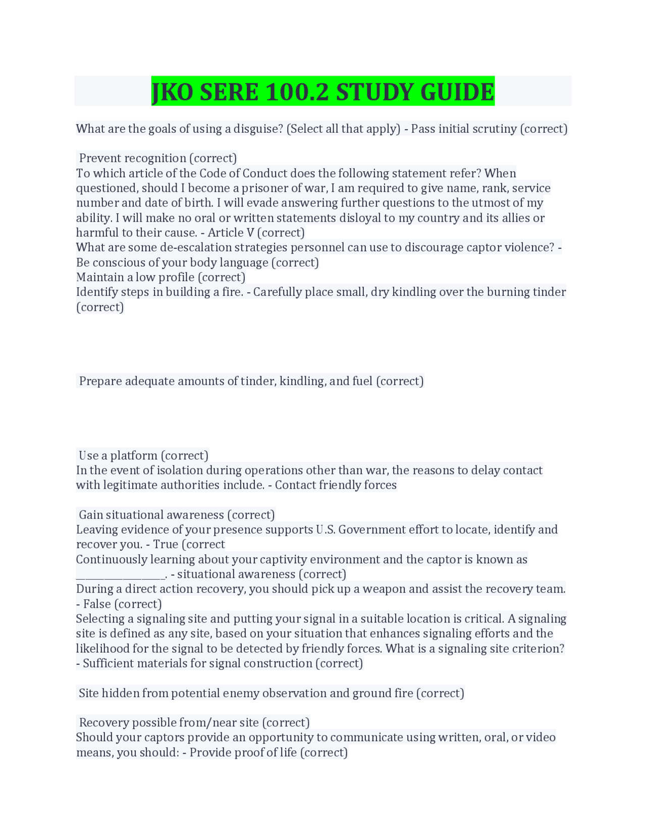 JKO SERE 100.2 Study Guide: Survival, Evasion, Resistance, and Escape ...