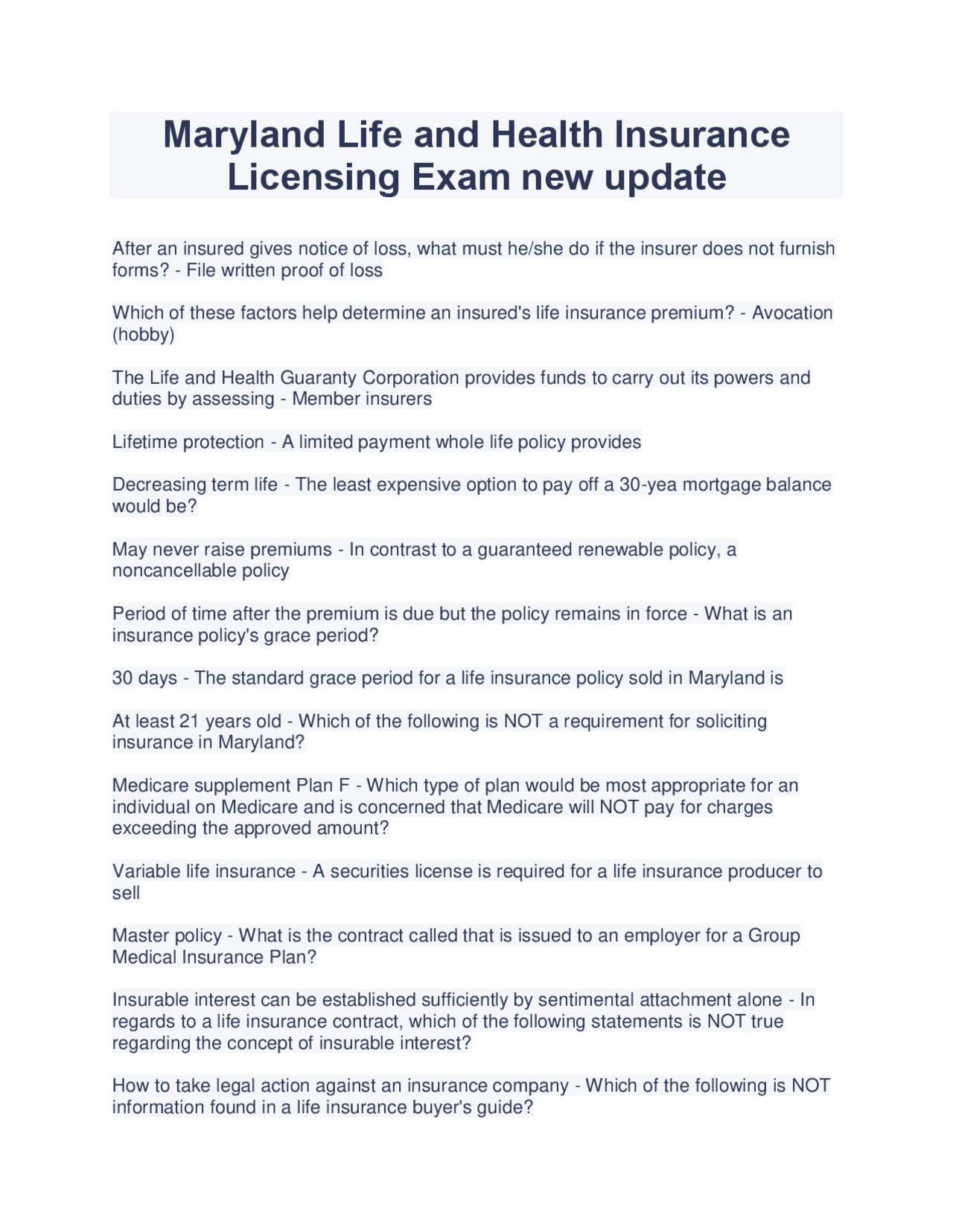 Maryland Life and Health Insurance Licensing Exam Questions and Answers ...