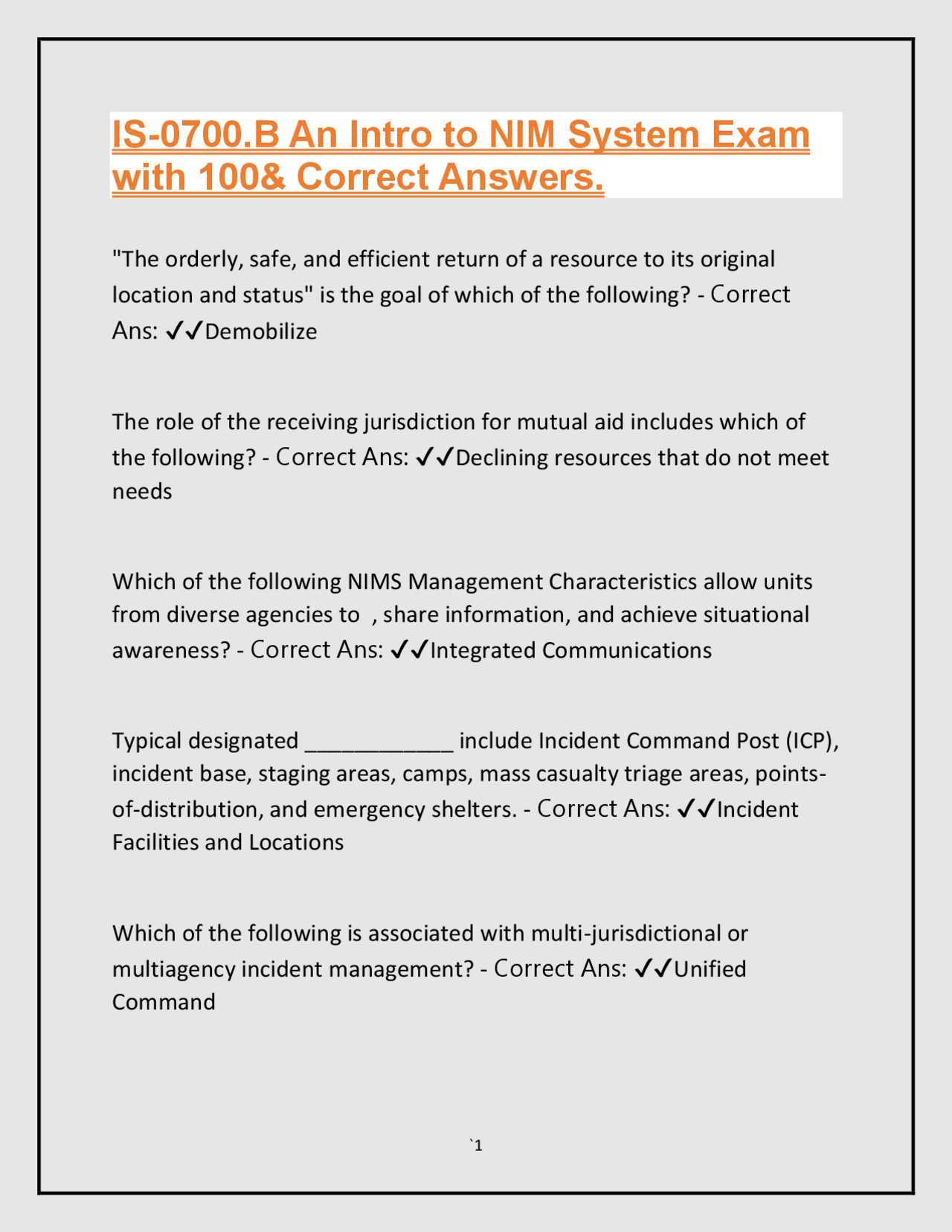 NIMS System Exam with Answers: Introduction to Incident Management ...