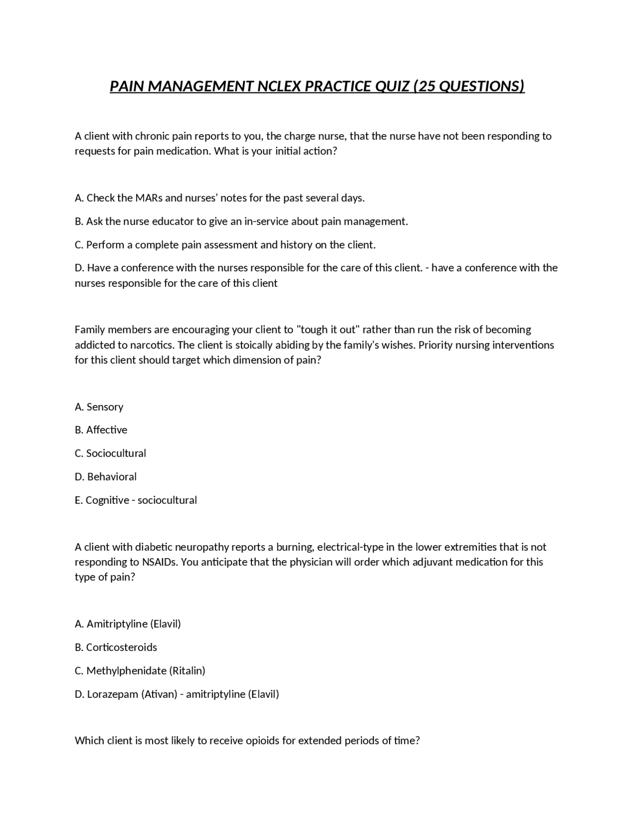 Pain Management NCLEX Practice Quiz (25 Questions) | Exams Advanced ...