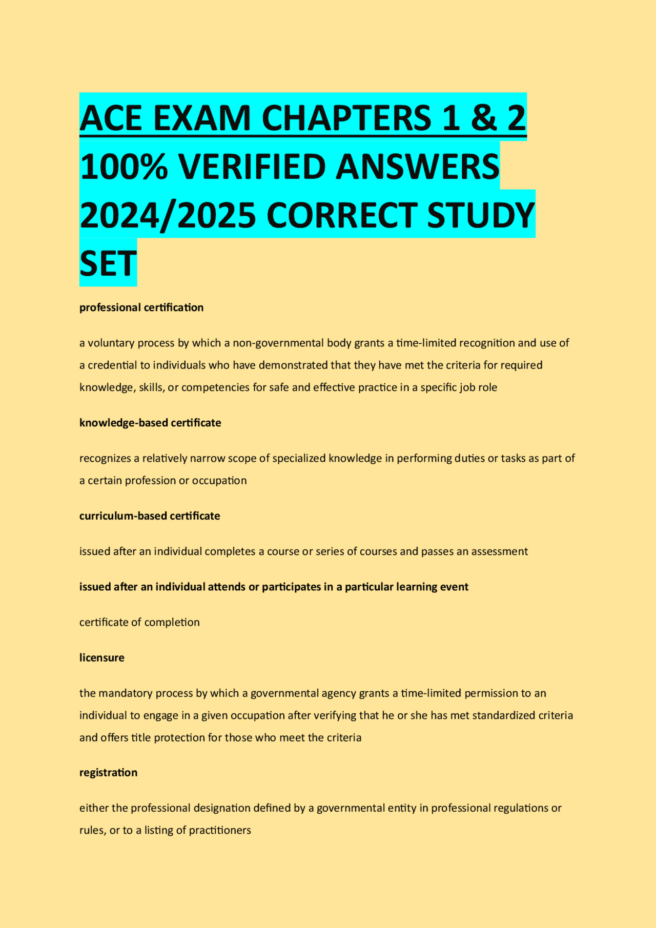 ACE EXAM CHAPTERS 1 & 2 100% VERIFIED ANSWERS 2024/2025 CORRECT STUDY SET | Exams Organization ...