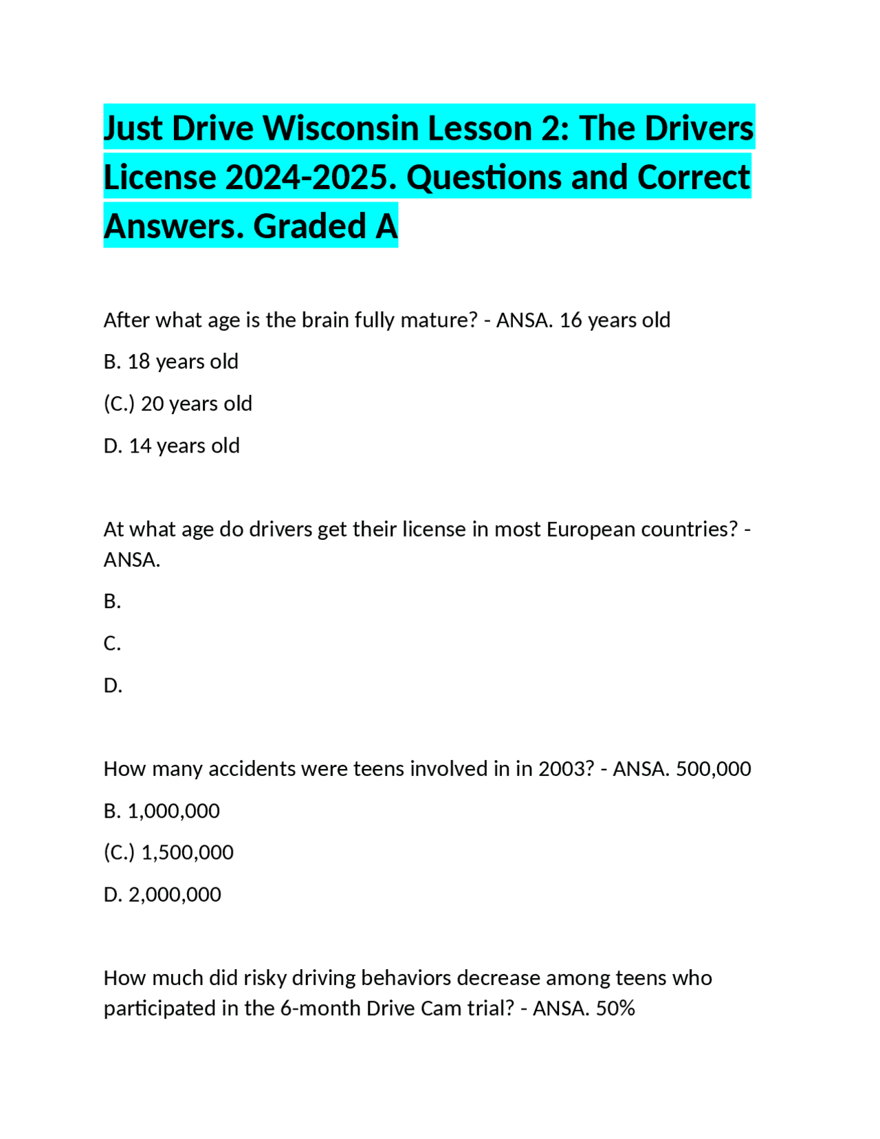 Just Drive Wisconsin Lesson 2: The Drivers License 2024-2025. Questions ...
