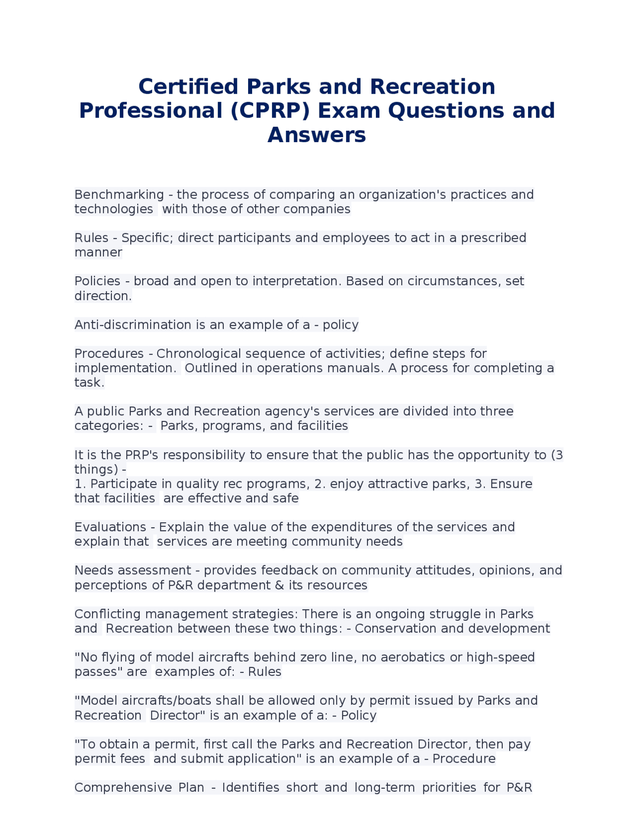 Certified Parks and Recreation Professional (CPRP) Exam Questions and ...