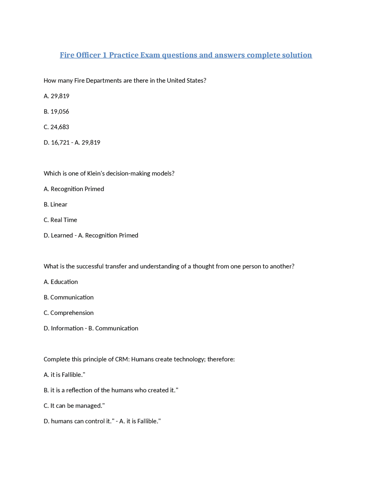 Fire Officer 1 Practice Exam Questions and Answers | Exams Advanced ...