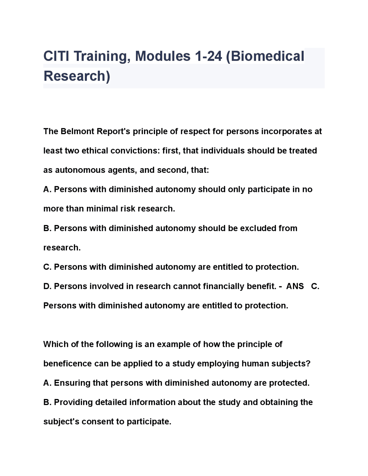 CITI Training, Modules 1-24 (Biomedical Research) | Exams Biomedical Engineering | Docsity