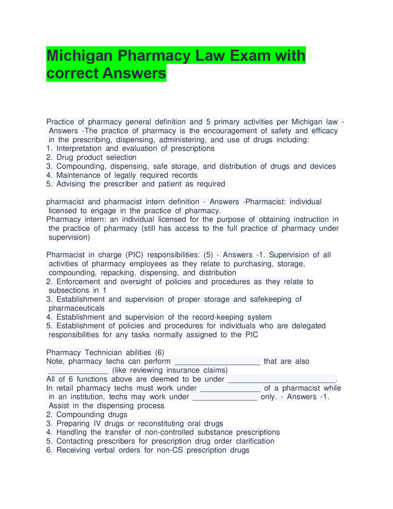 Michigan Pharmacy Law Exam with correct Answers | Exams Nursing | Docsity