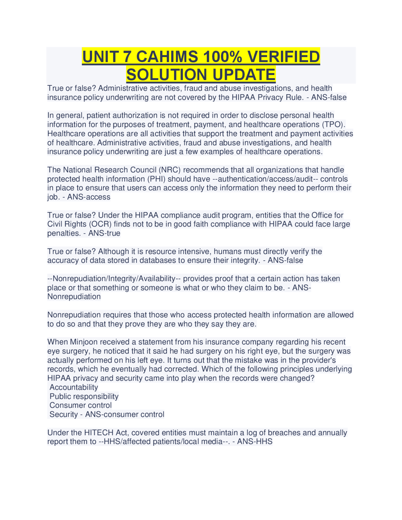 UNIT 7 CAHIMS 100% VERIFIED SOLUTION UPDATE | Exams Management of ...