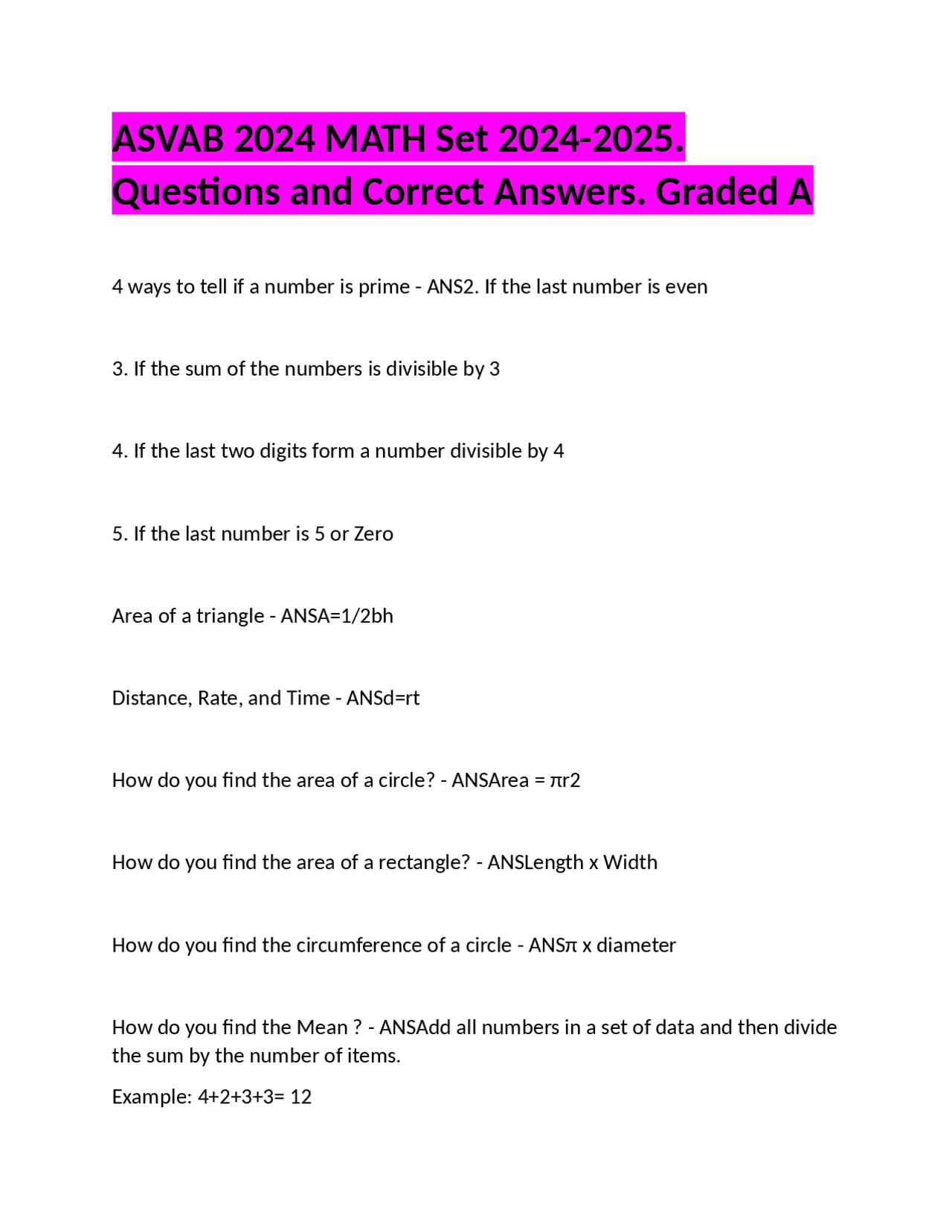 ASVAB 2024 MATH Set 2024-2025. Questions and Correct Answers. Graded A ...